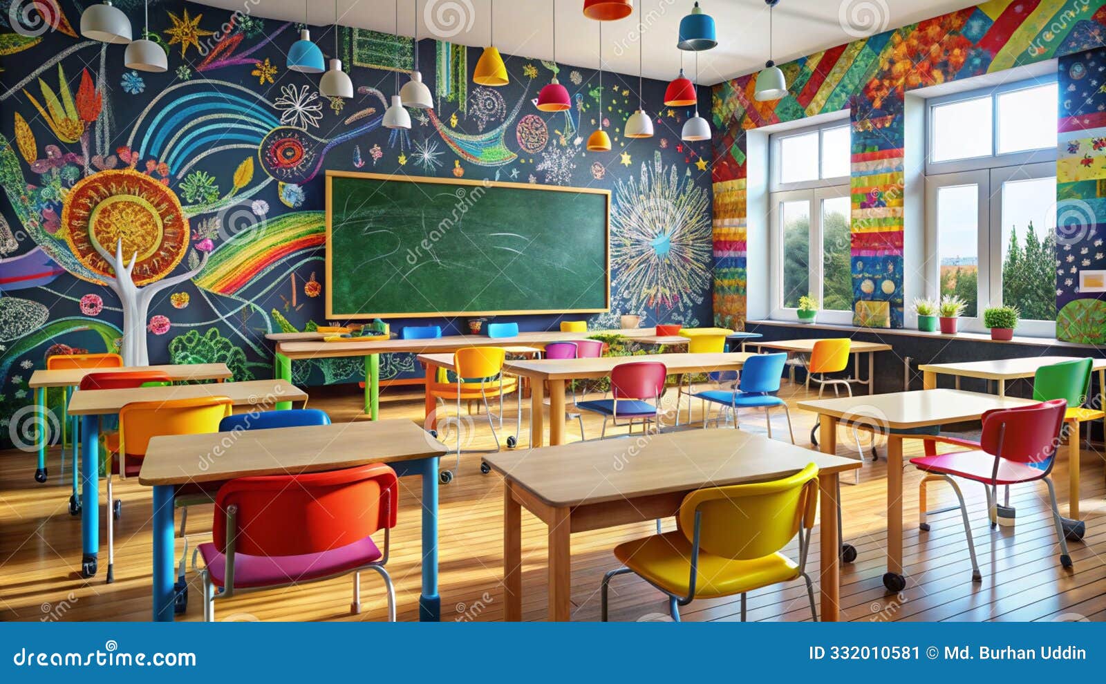 Back To School Background a Vibrant Classroom with Desks Chairs Stock ...