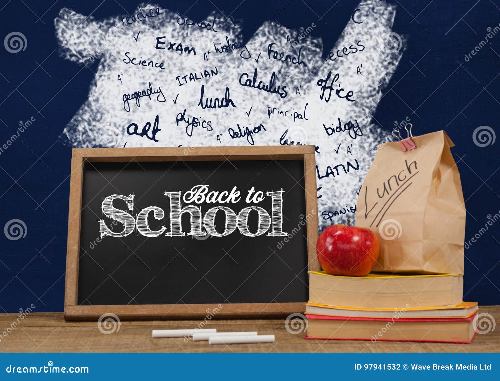 Back To School Blackboard on Desk Foreground with Blackboard Graphics ...