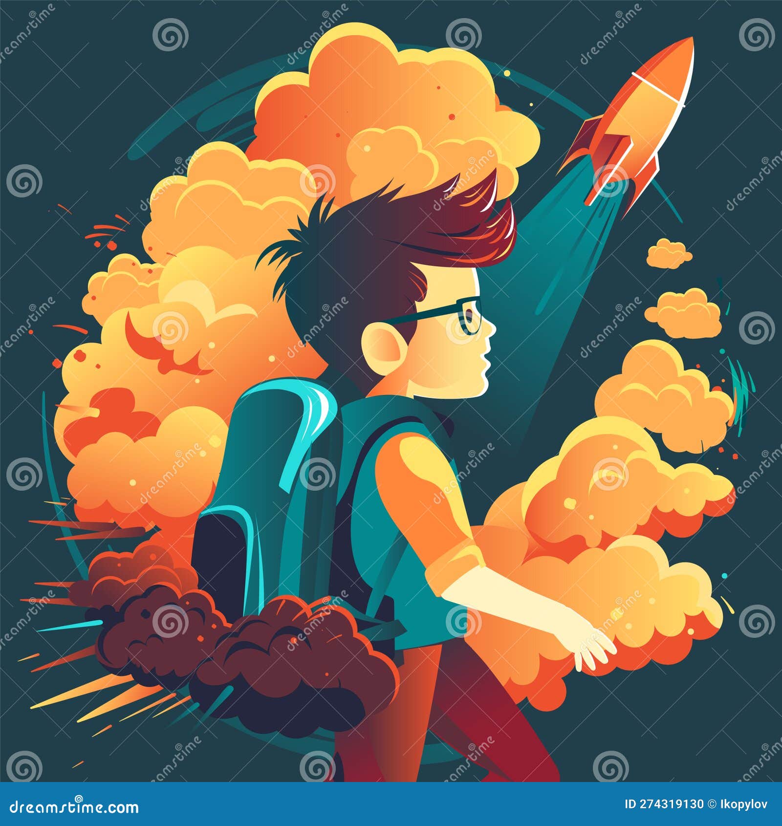 Back To School, Cartoon Boy with Glasses Backpack and Flying Rocket ...