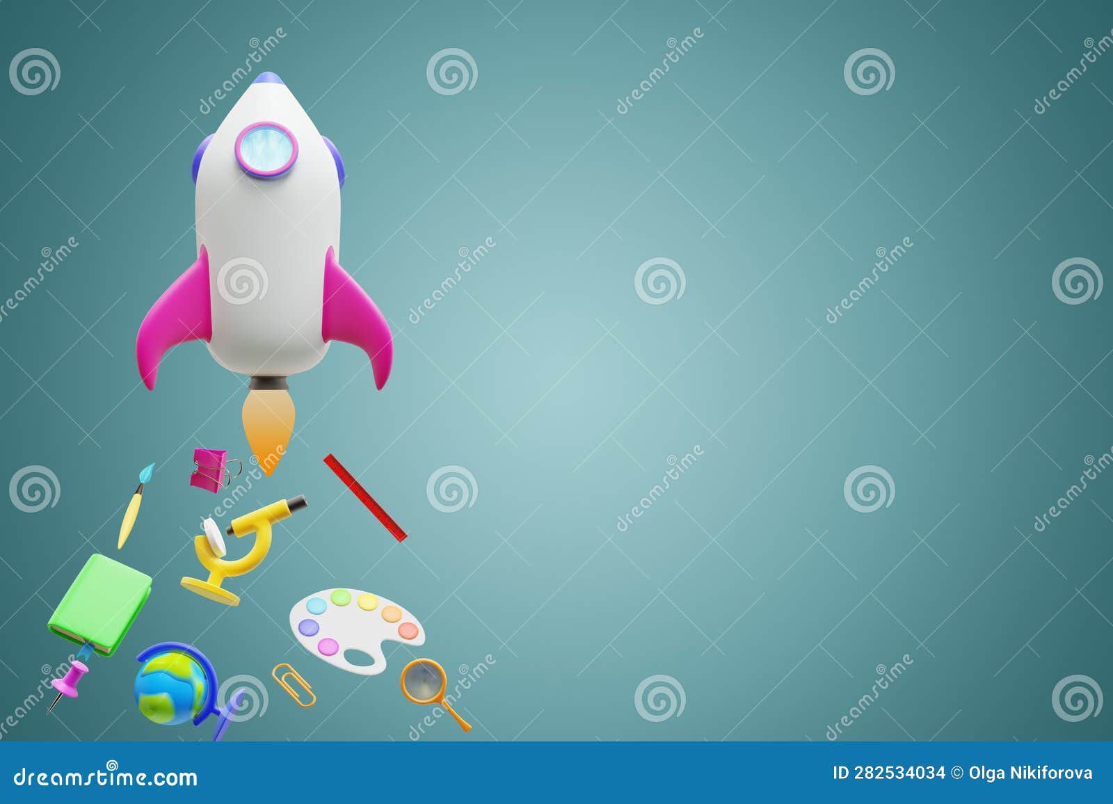 Back To School. Cartoon Rocket Flies Up with Educational Elements Stock ...