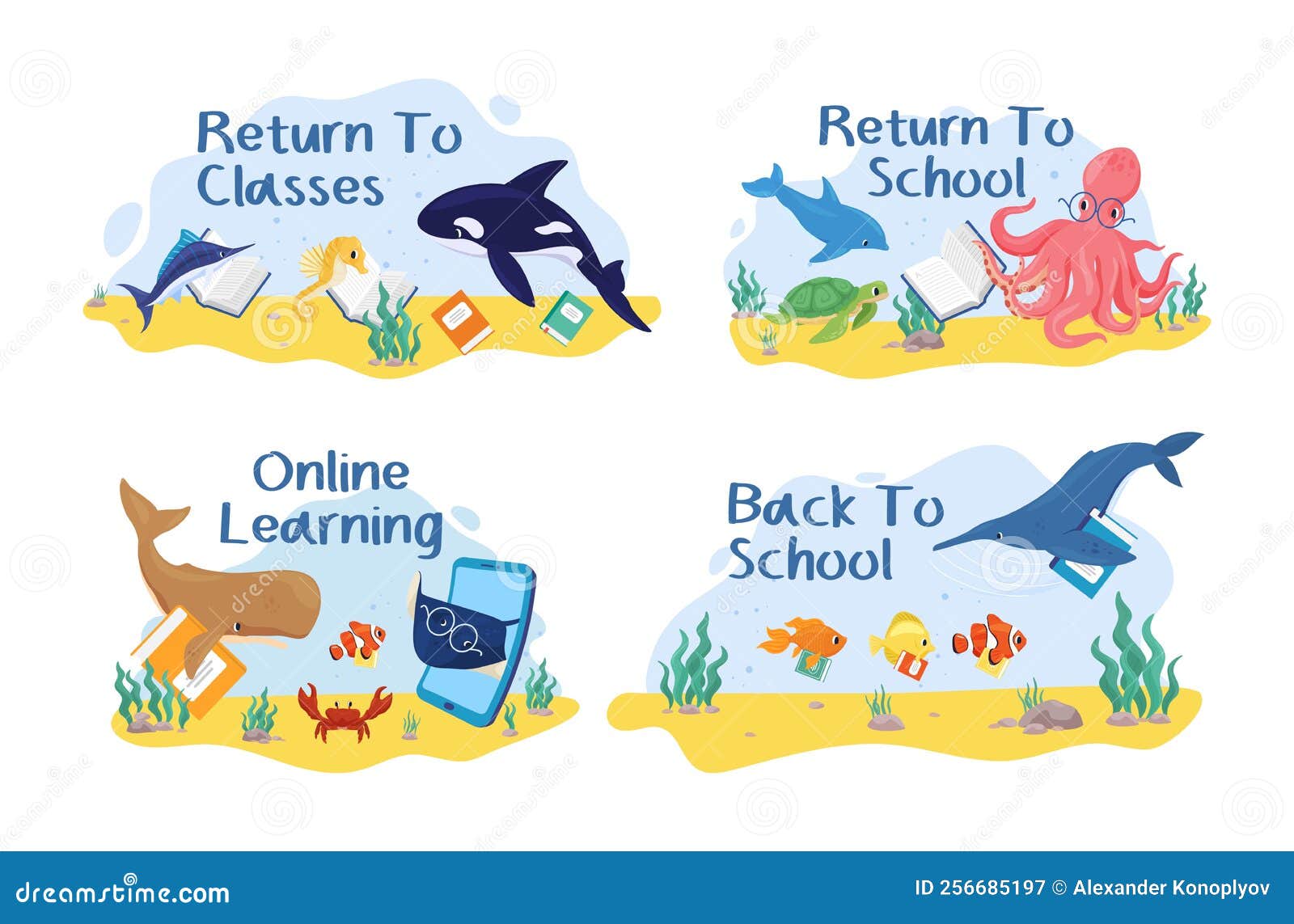 Back To School Childish Sea Underwater Characters Posters Place for ...