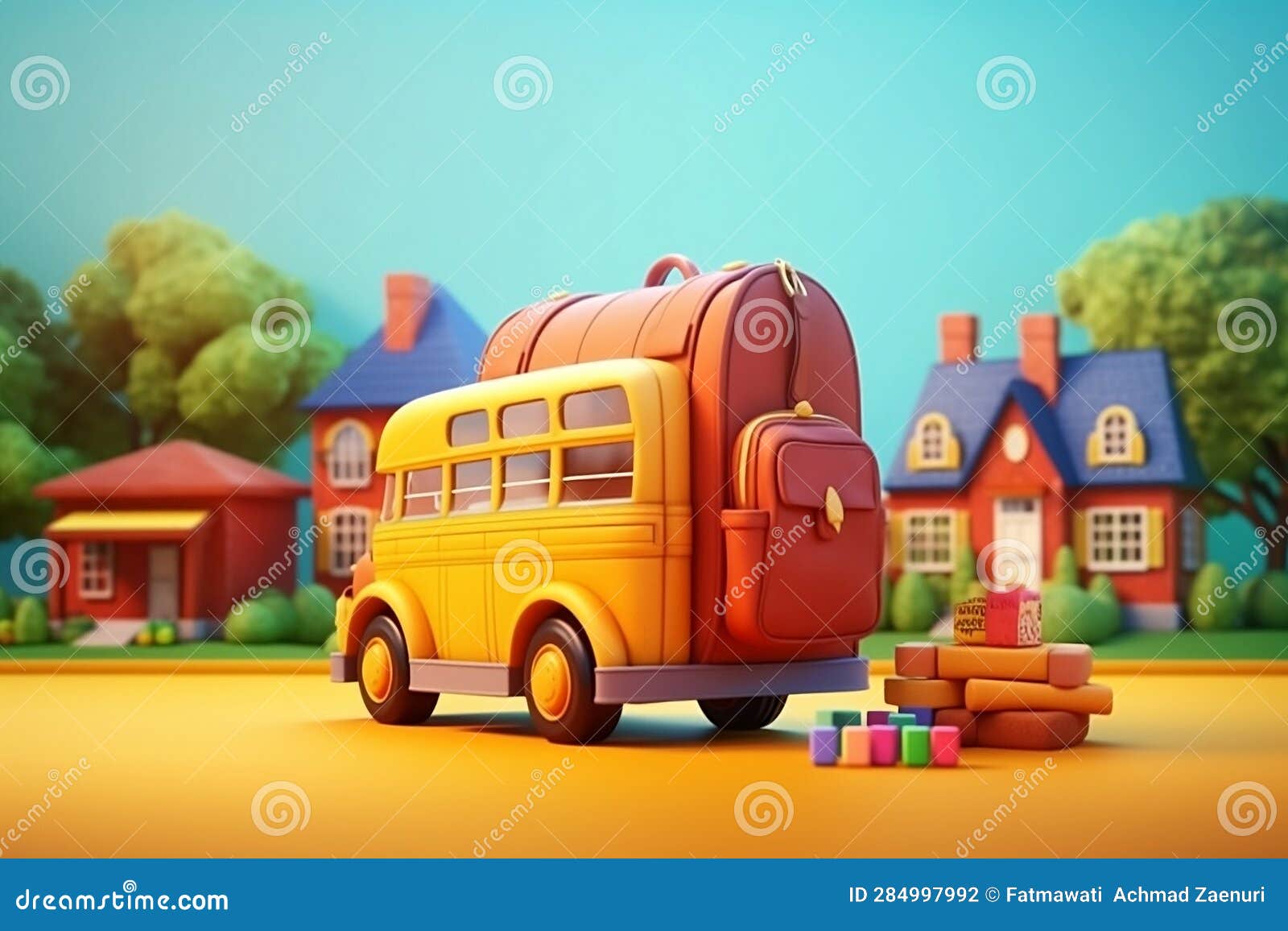 Back To School Concept with School Bus and Some Related Object 3d Low ...