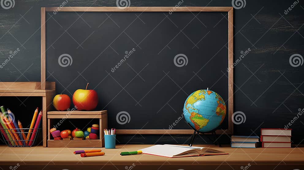 Back To School Concept with Clear Blackboard Background, Desk, Items ...