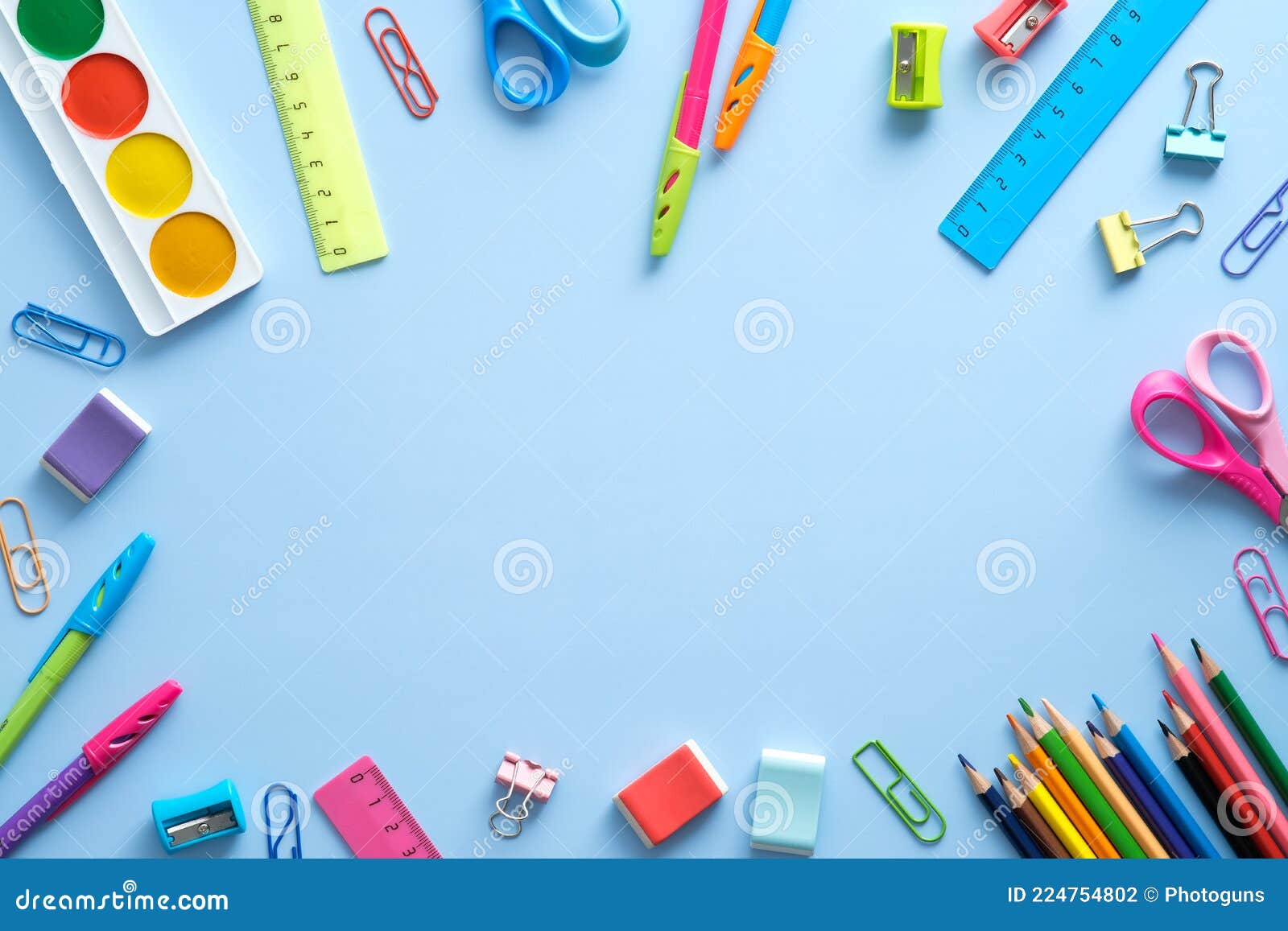 Back To School Concept. Flat Lay School Stationery Frame on a Blue ...