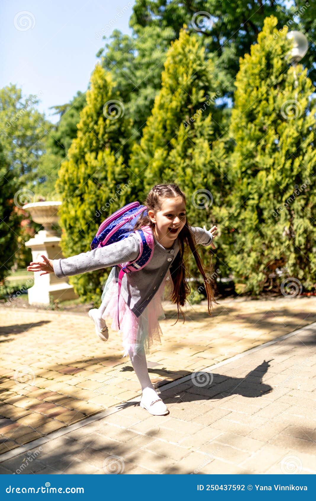 Back To School. Cute Child Girl with Backpack Running and Going To ...
