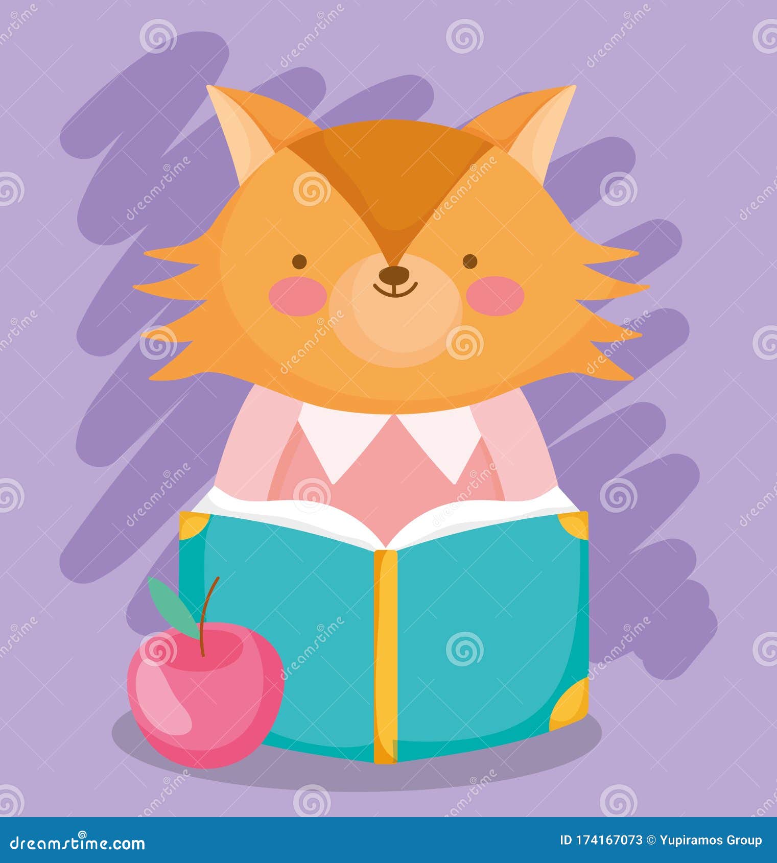 Back To School, Cute Fox Reading Book with Apple Cartoon Stock Vector ...