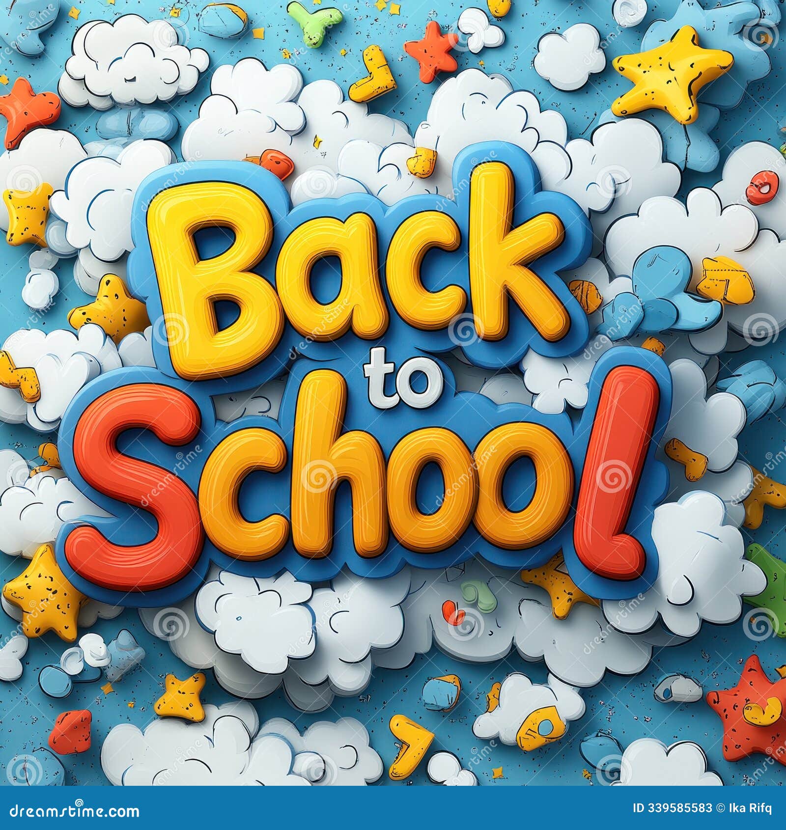 Back To School 3D Illustration with Clouds and Stars Stock Illustration ...