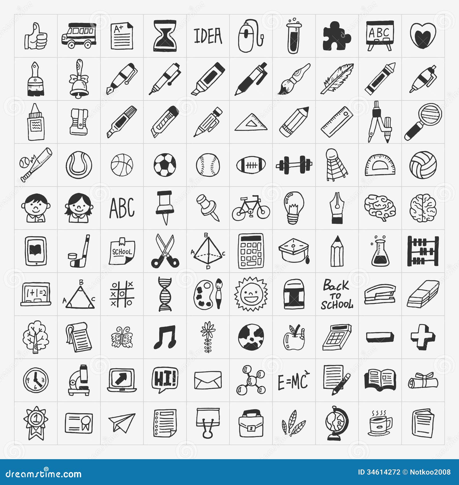 100 Back To School Doodle Hand-draw Icon Set Stock Vector ...