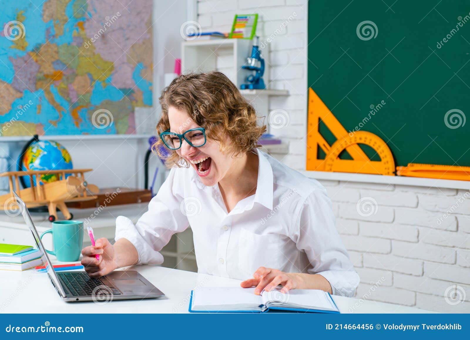 Back To School. Excited Screaming Teacher. Online Education, Knowledge ...