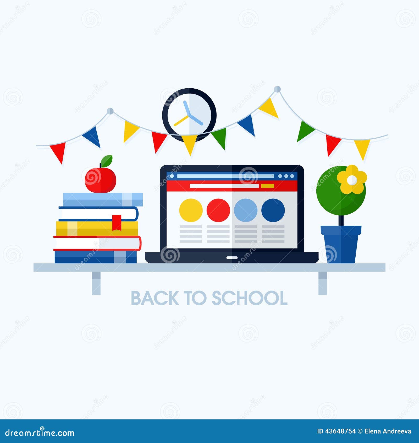 Back To School Flat Vector Illustration with Desk and School Sup Stock ...