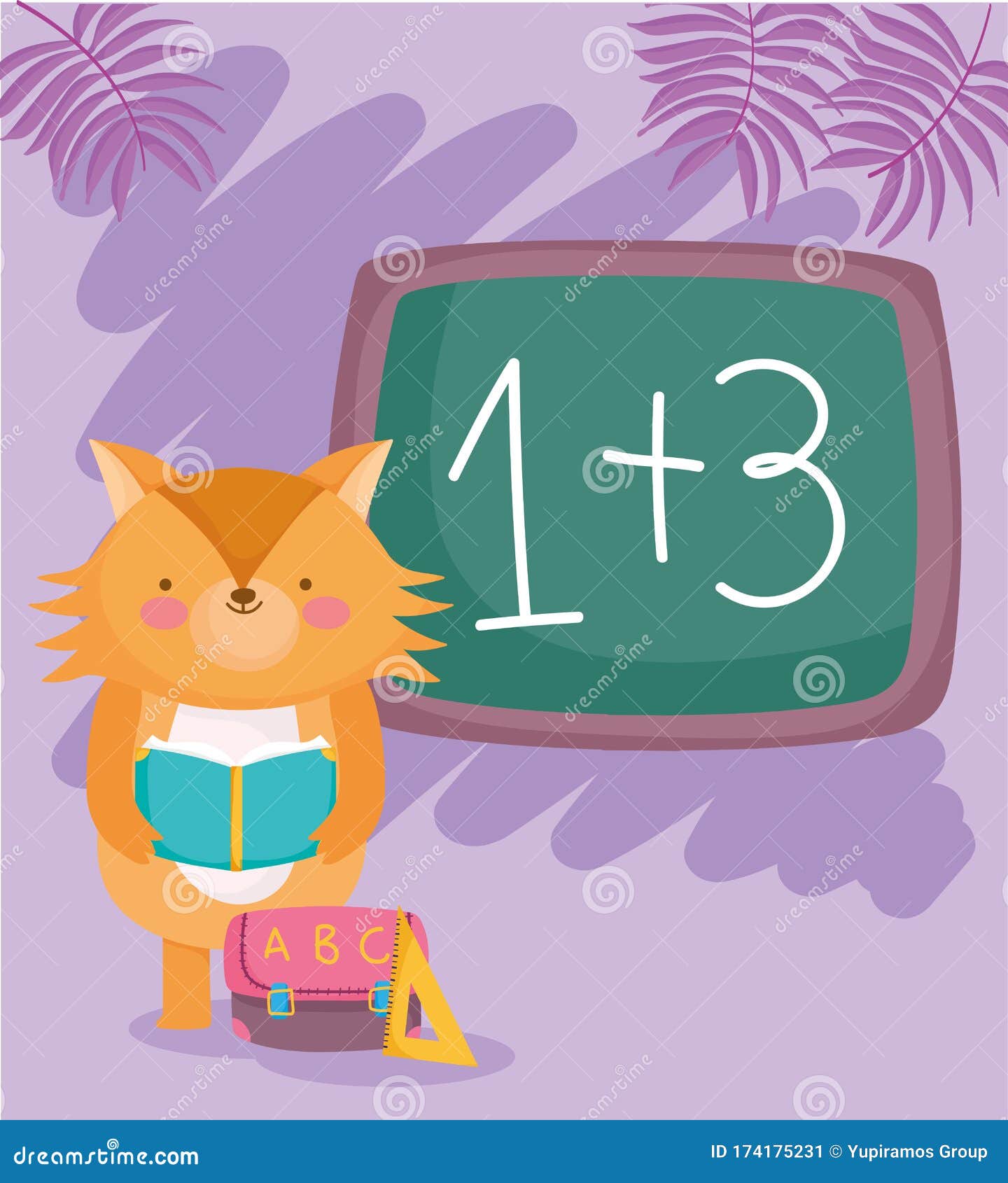 Back To School, Fox Reading Book with Bag Ruler Chalkboard Stock Vector ...