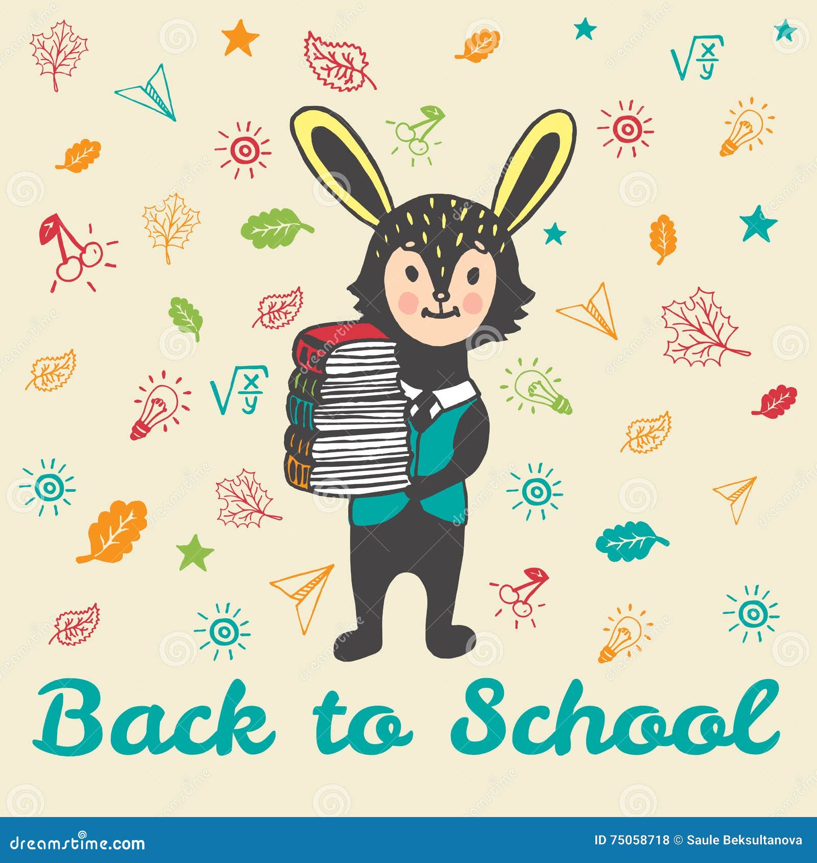 Back To School Hand Drawn Card with Bunny Student with Books Stock ...