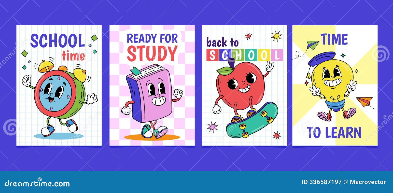 Back To School Hand Drawn Cartoon Cards Set Stock Illustration ...