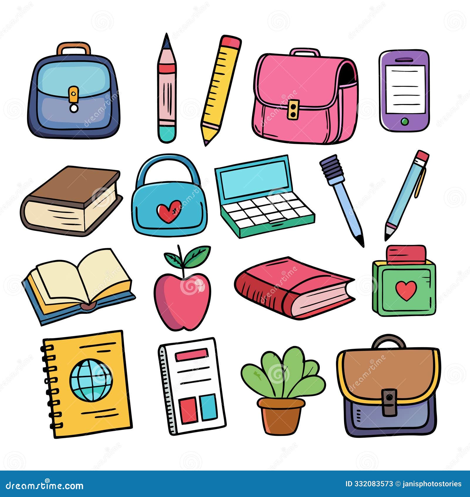 Cartoon Style Back To School Items Illustration, Colorful Vector ...