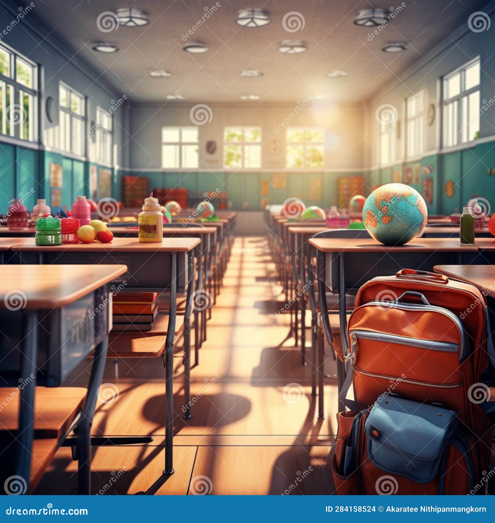 Back To School Item, Backpack, Textbook, Inside Classroom View Stock ...