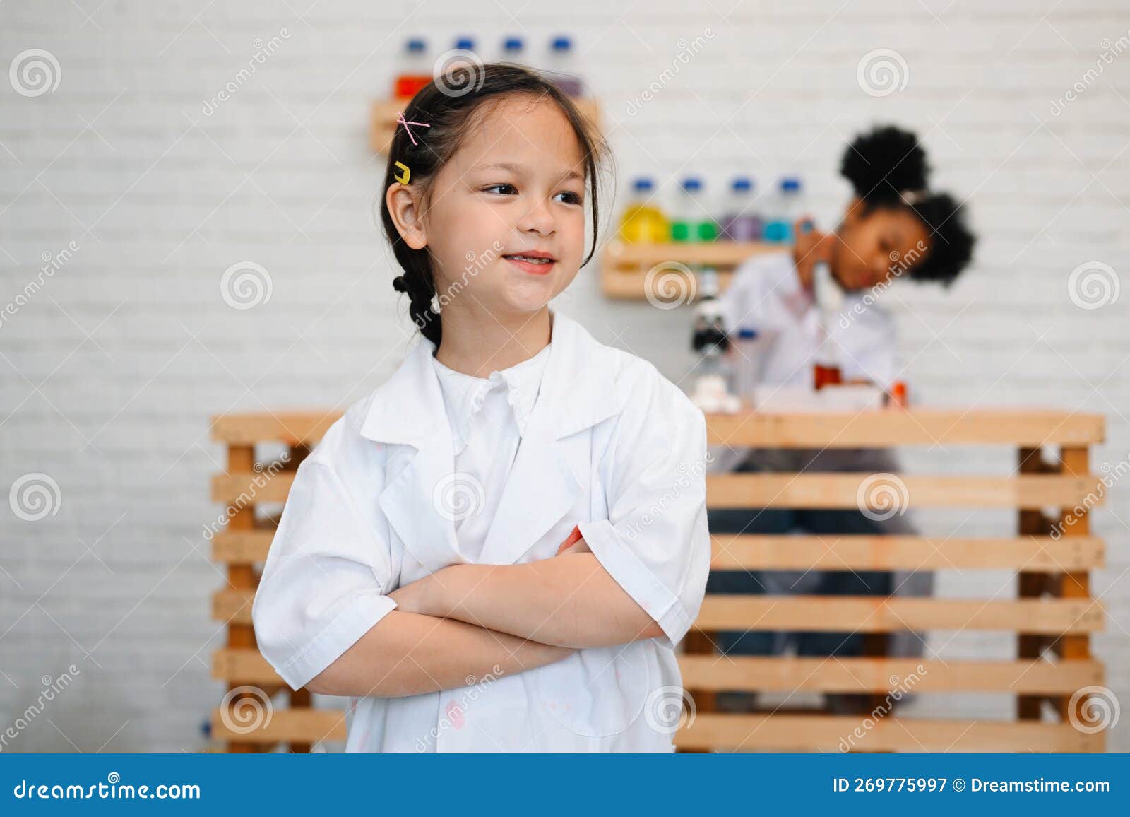 Child in Classroom at School, Kid Dressed Science Lab Coat. Science ...