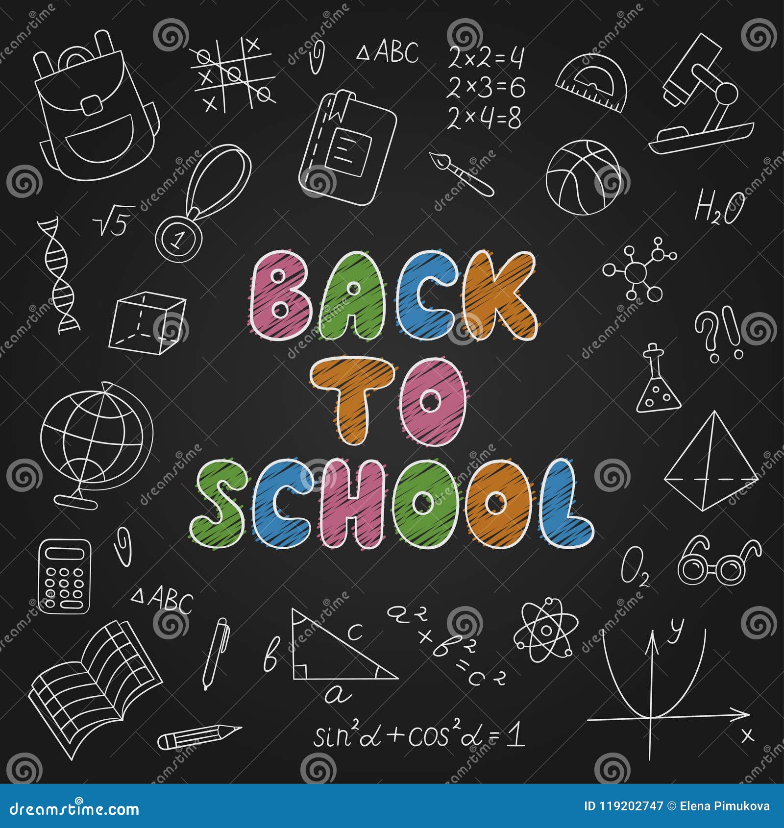 Back To School. Lettering. Chalkboard. Set of School Elements in Doodle ...