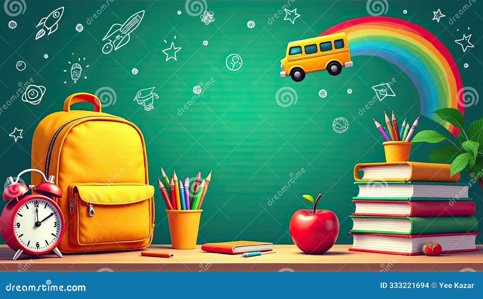 Back To School with a Rainbow and a School Bus. Stock Illustration ...