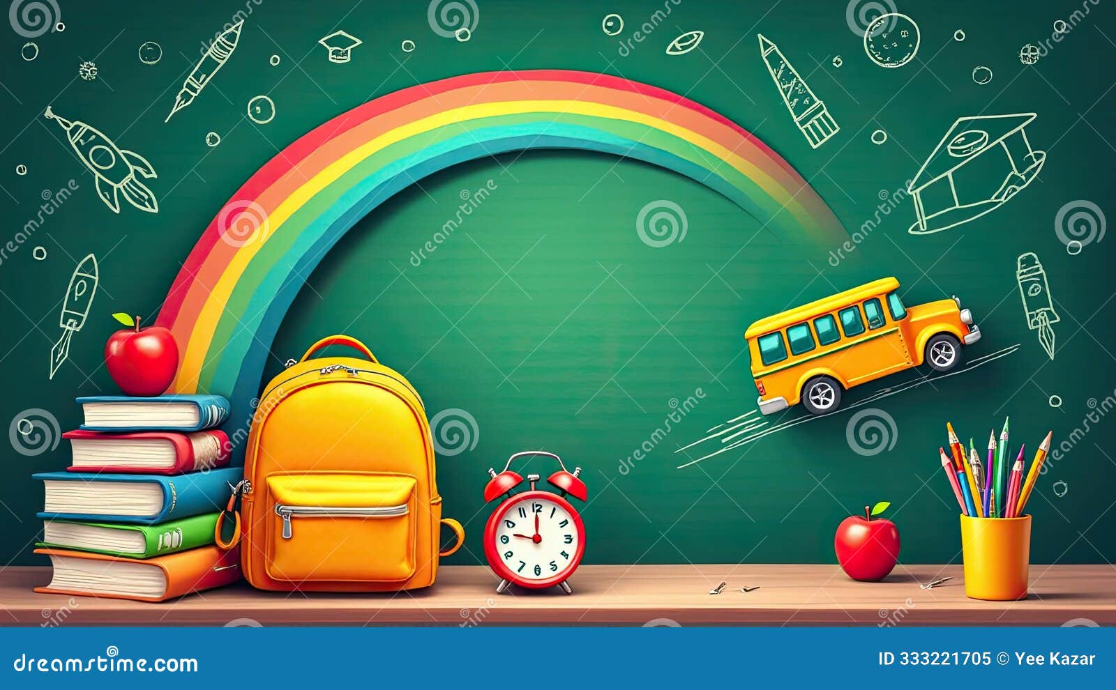 Back To School with Rainbow and School Bus. Stock Illustration ...