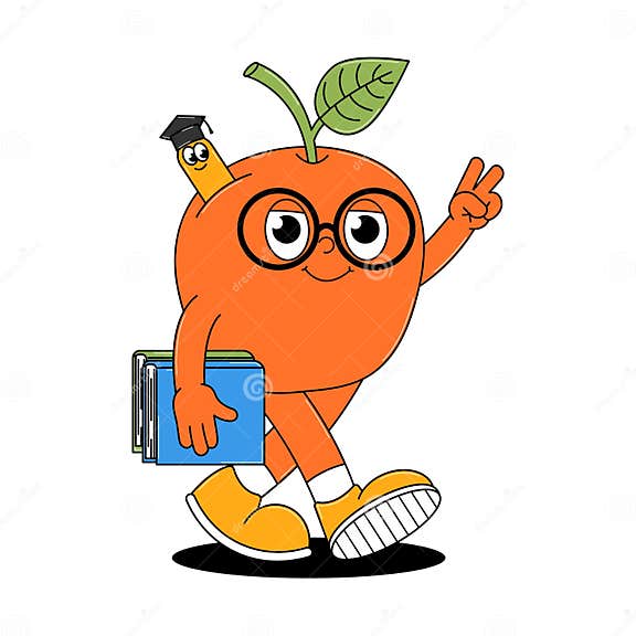 Back To School Retro Character Cute Walking Apple In Glasses With Books And Worm Stock Vector