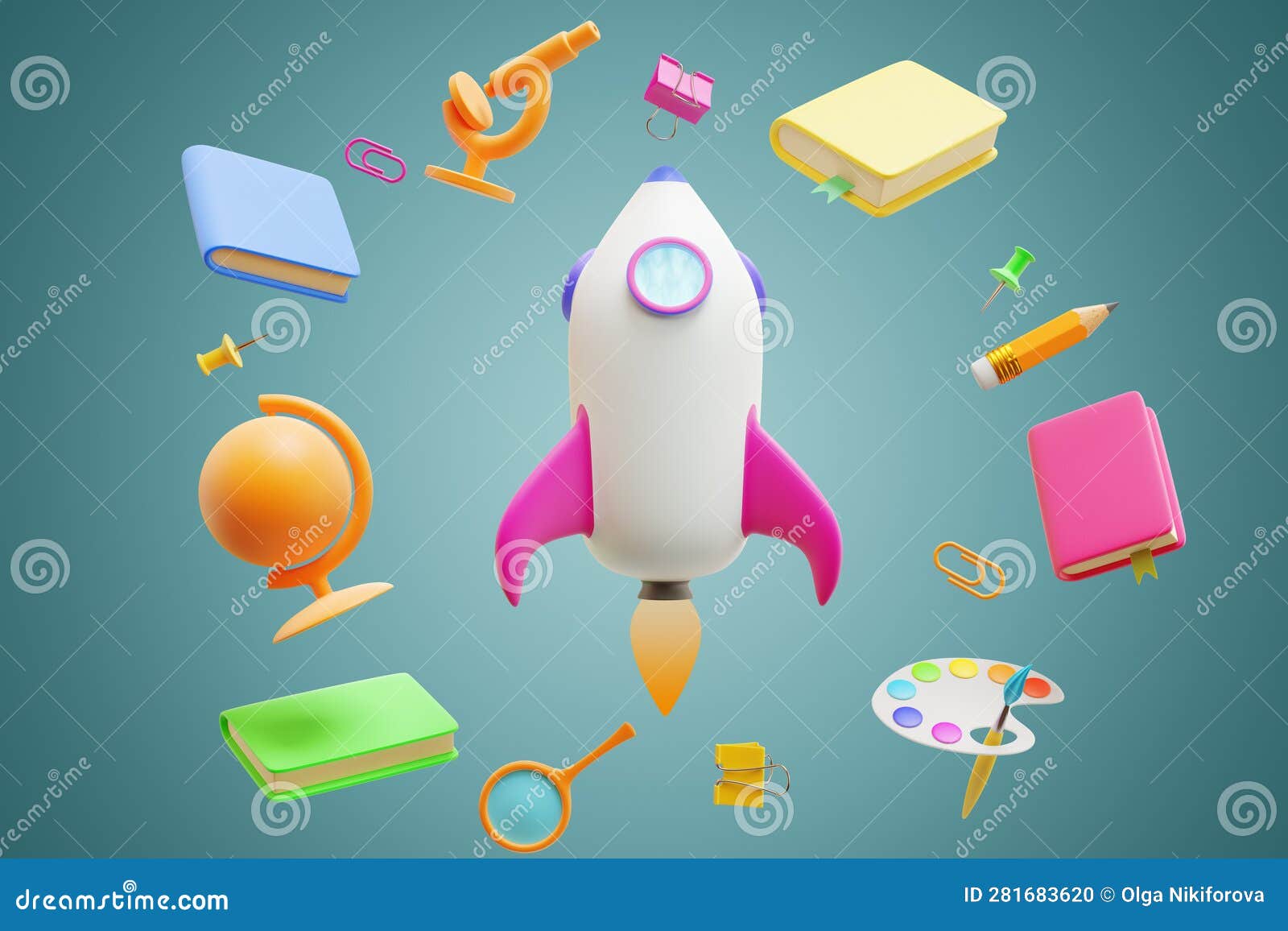 Back To School. Rocket Cartoon Surrounded by Educational Elements Stock ...