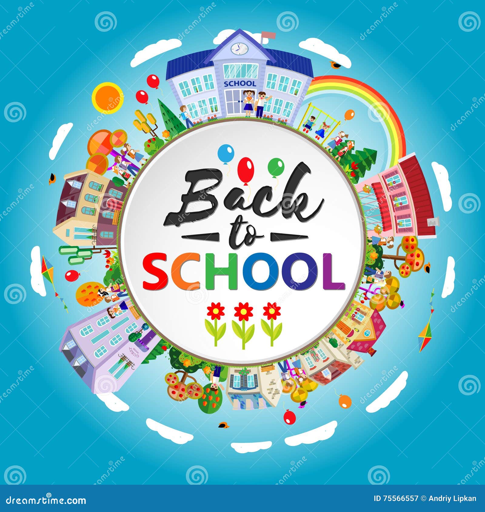 Back To School Round Banner. Circle Frame with Children, Going . Flat ...