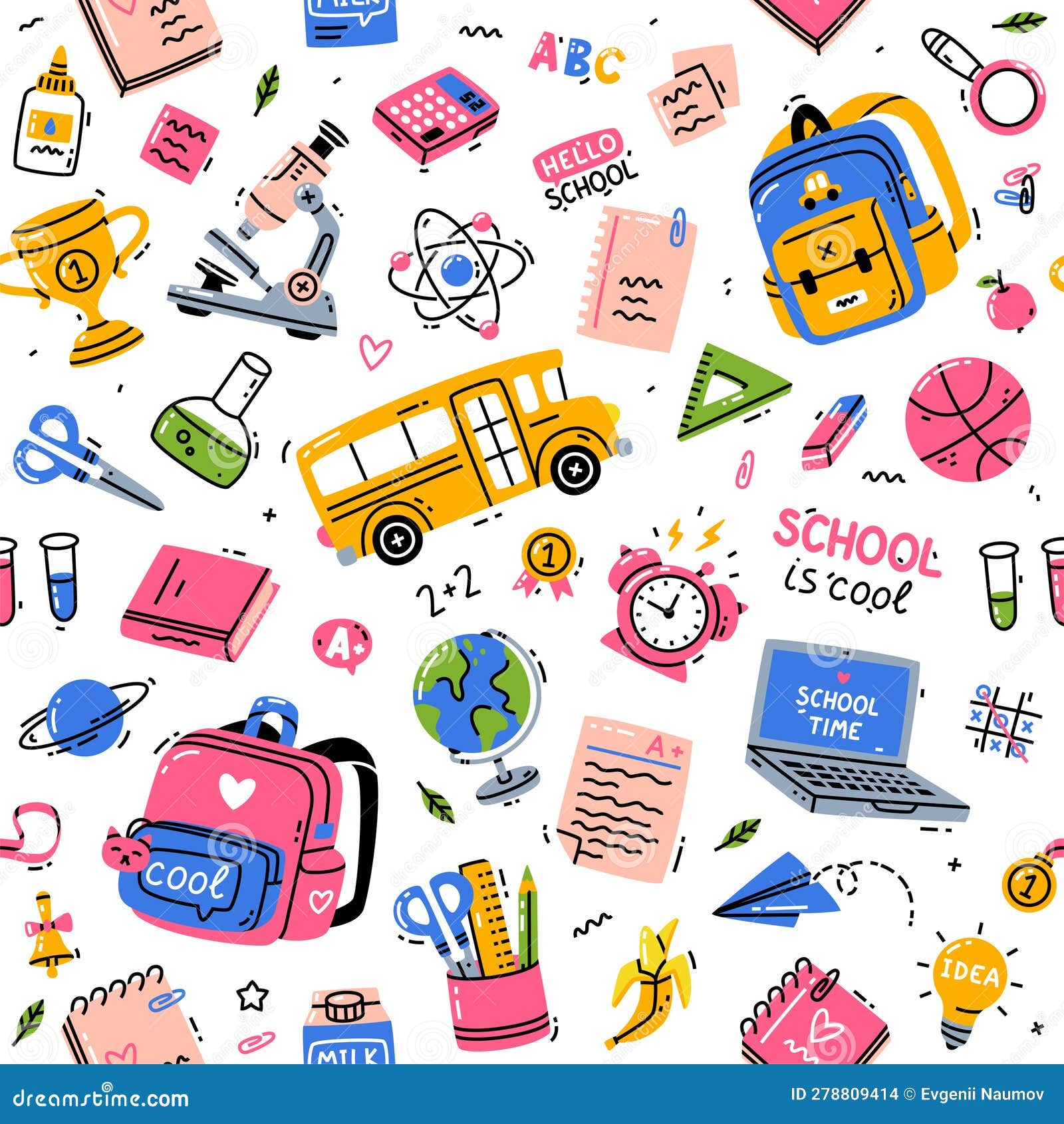 Back To School Seamless Pattern with School Bus and Backpack Vector ...