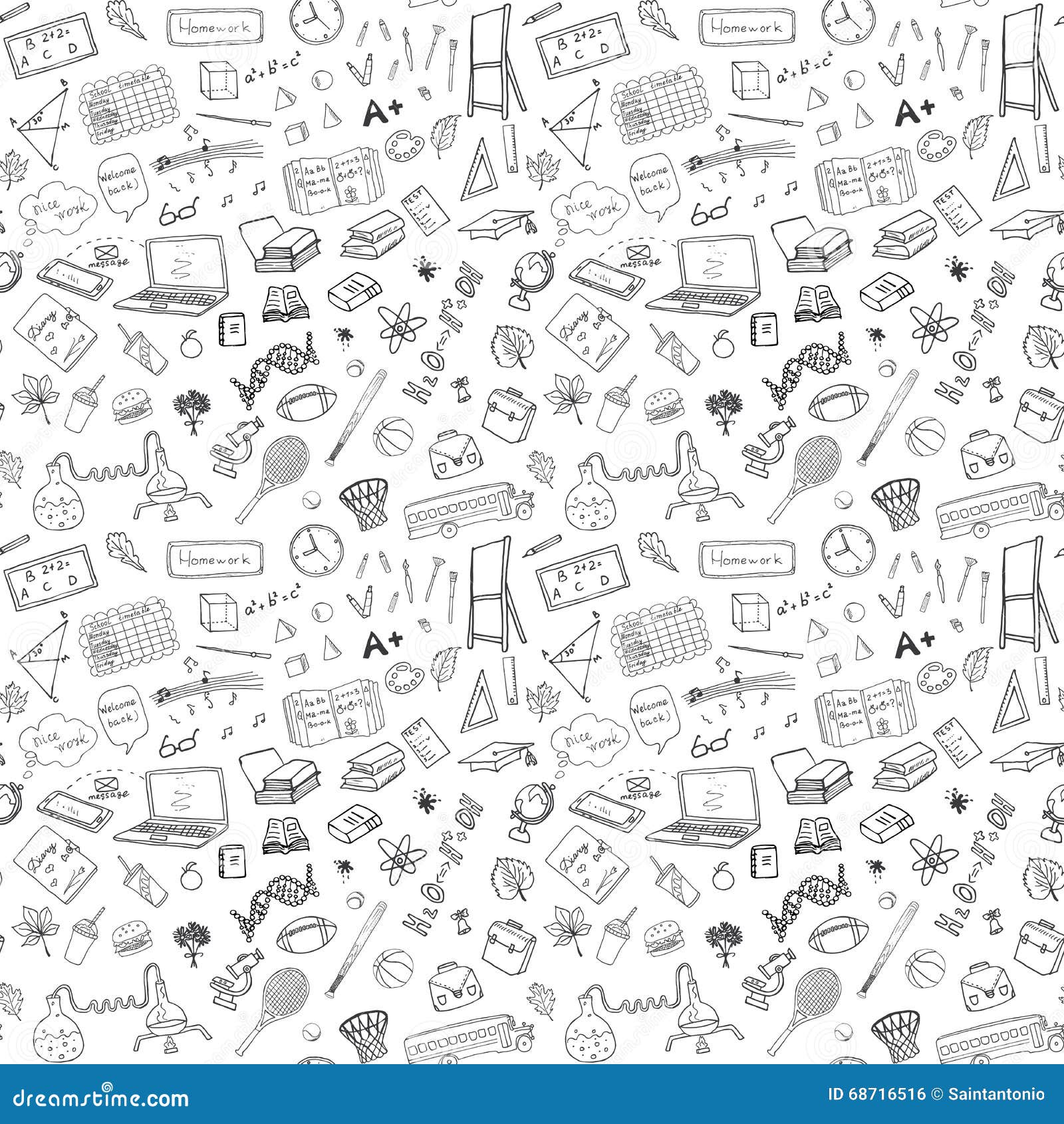 Back To School Seamless Pattern with Hand-Drawn Doodles. Sketch Element Background Vector ...