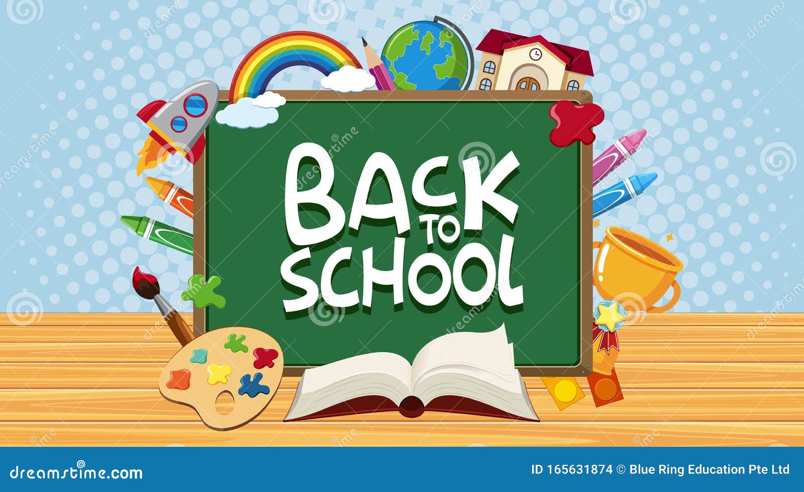 Back To School Sign with Board and School Items Stock Illustration ...
