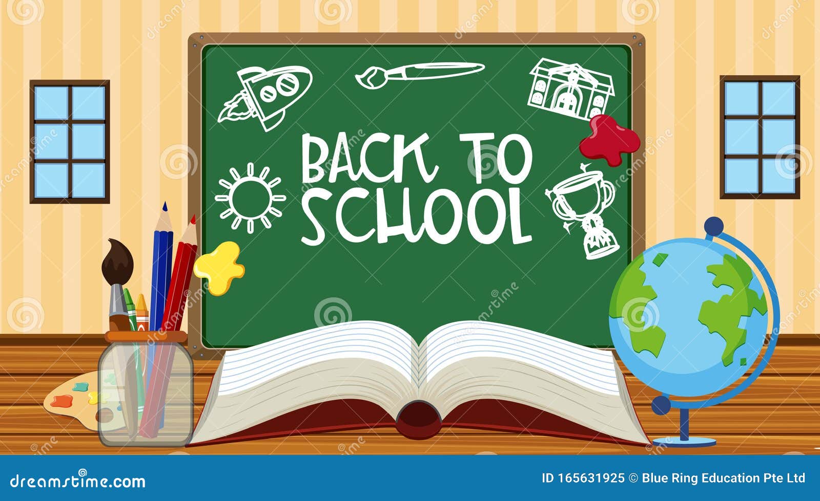 Back To School Sign in Classroom with School Equipments Stock ...