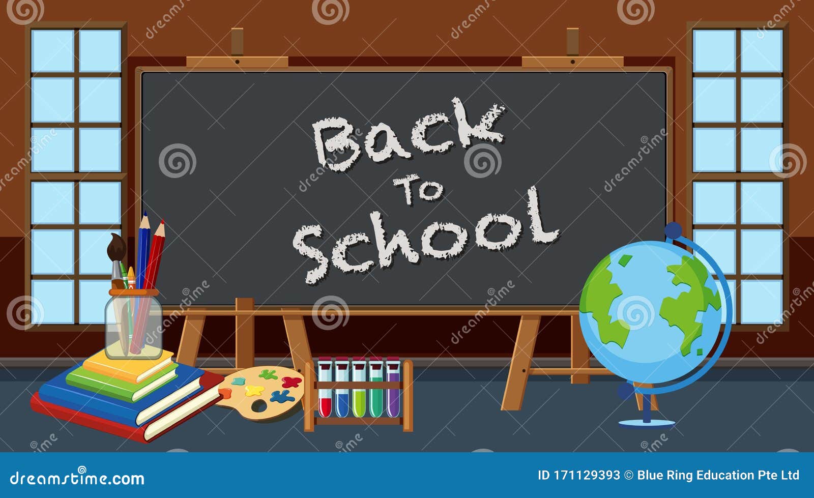 Back To School Sign in Classroom with School Equipments Stock ...
