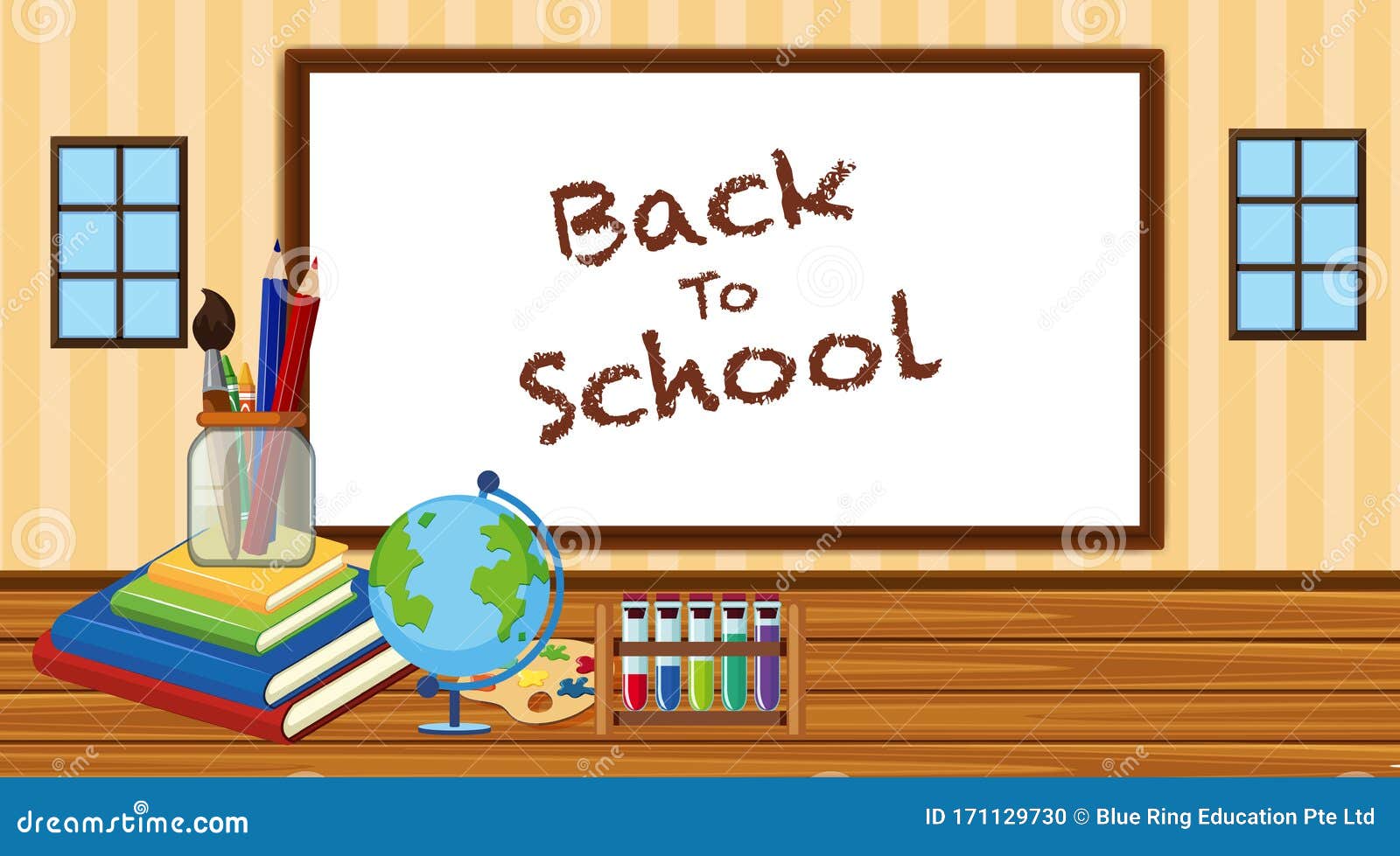 Back To School Sign in Classroom with School Equipments Stock ...