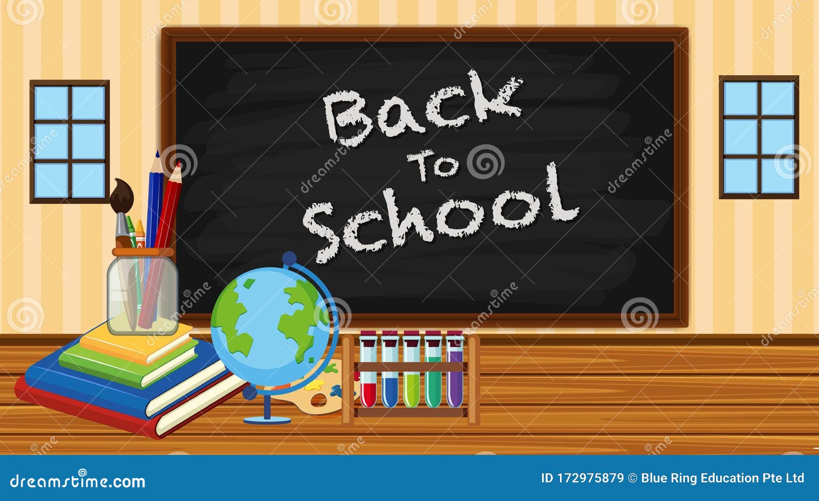 Back To School Sign in Classroom with School Equipments Stock Vector ...