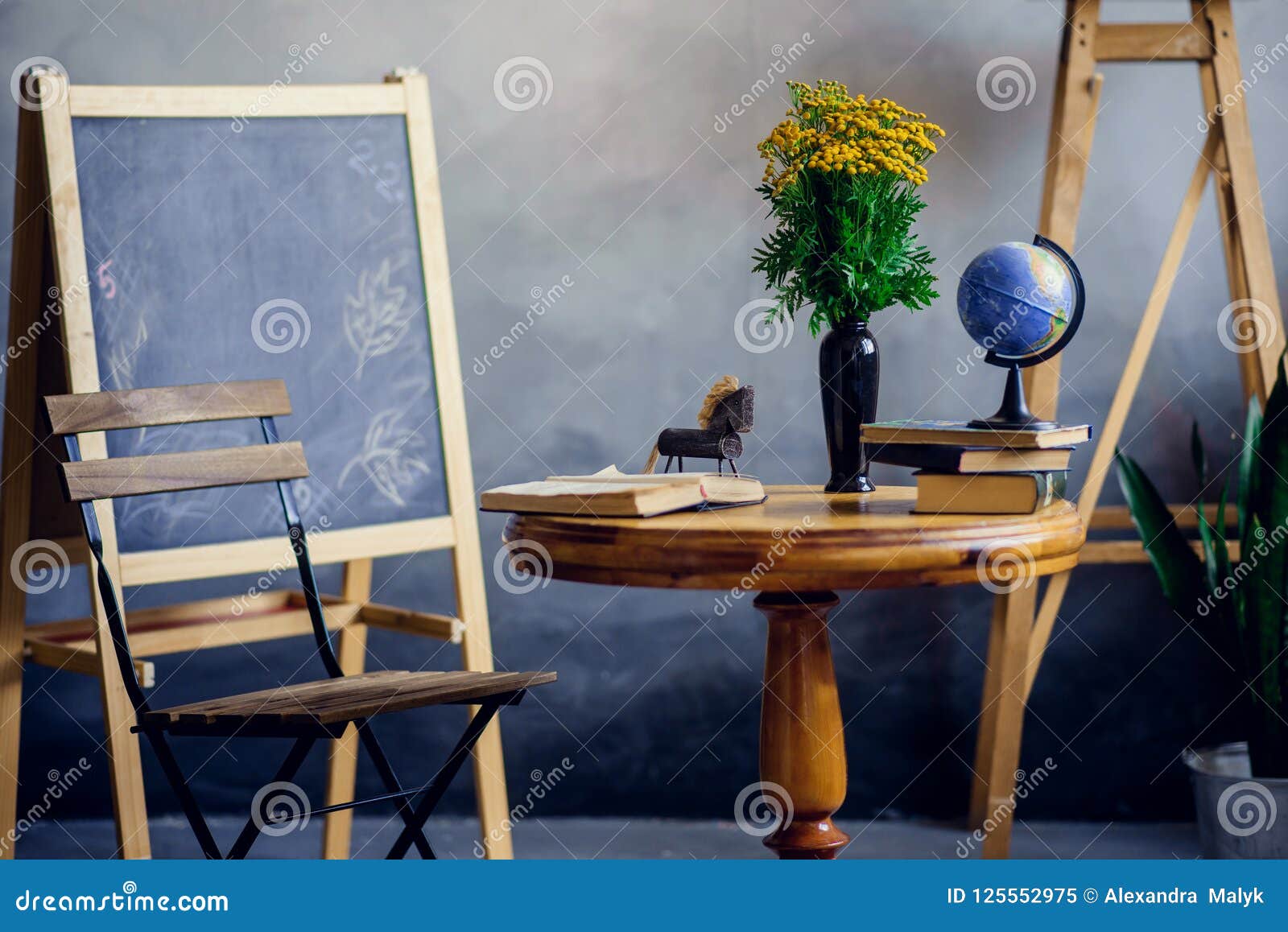 Table for School Classroom, the Chalkboard, a Globe and Open Book ...