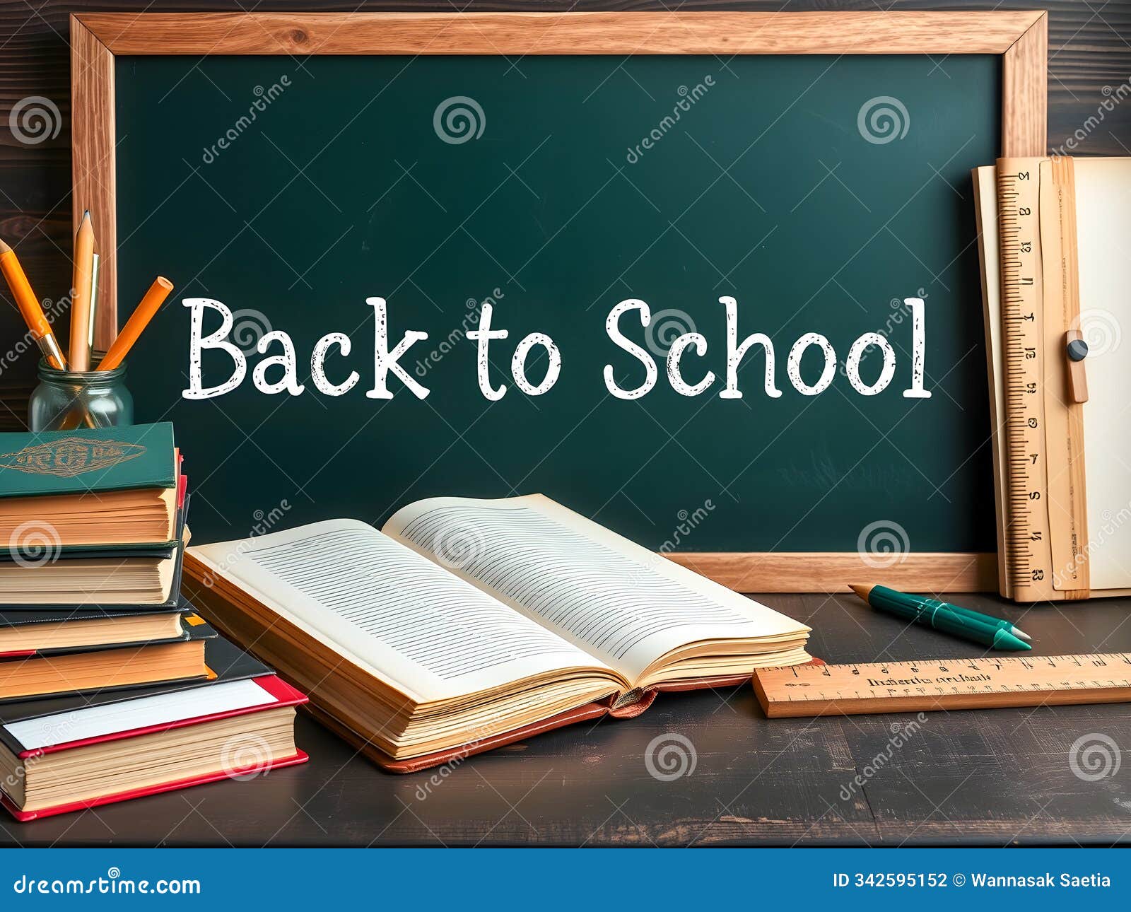 Back To School Text on Blackboard with Books, Pencils and Ruler. Stock ...