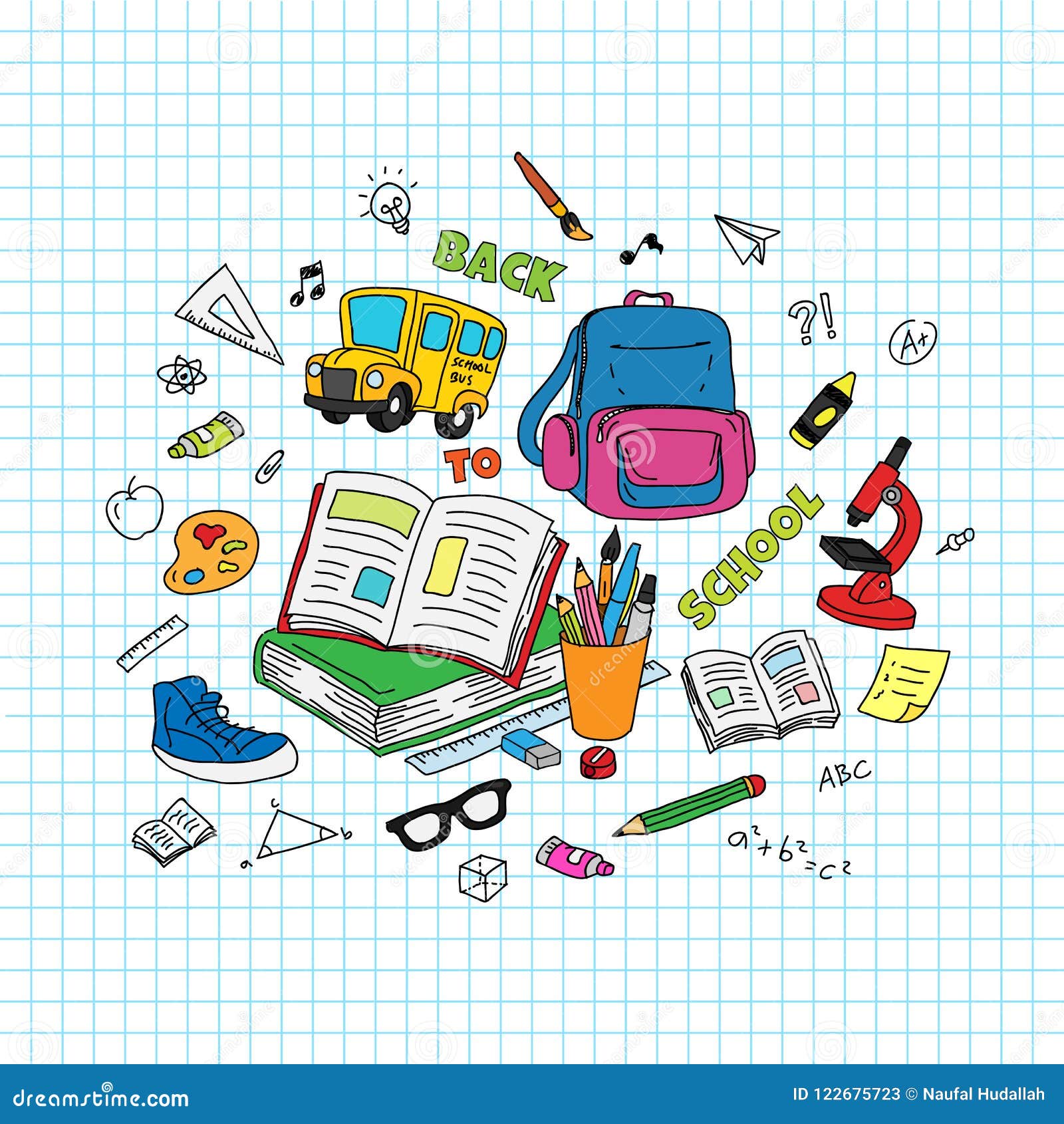 Back To School Text. School and Studying Stuff Doodle with Grid Paper ...