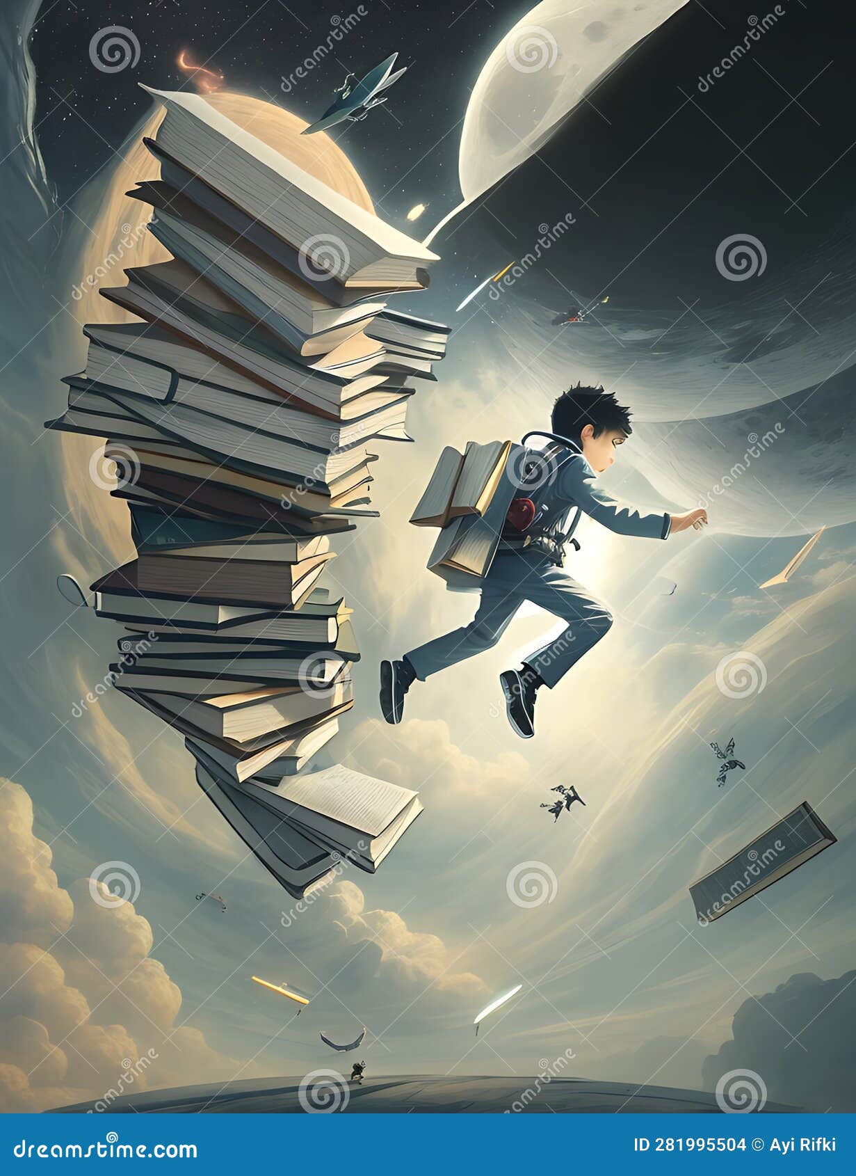 Back To School Theme Conceptual Image of Student Flying in Sky among ...