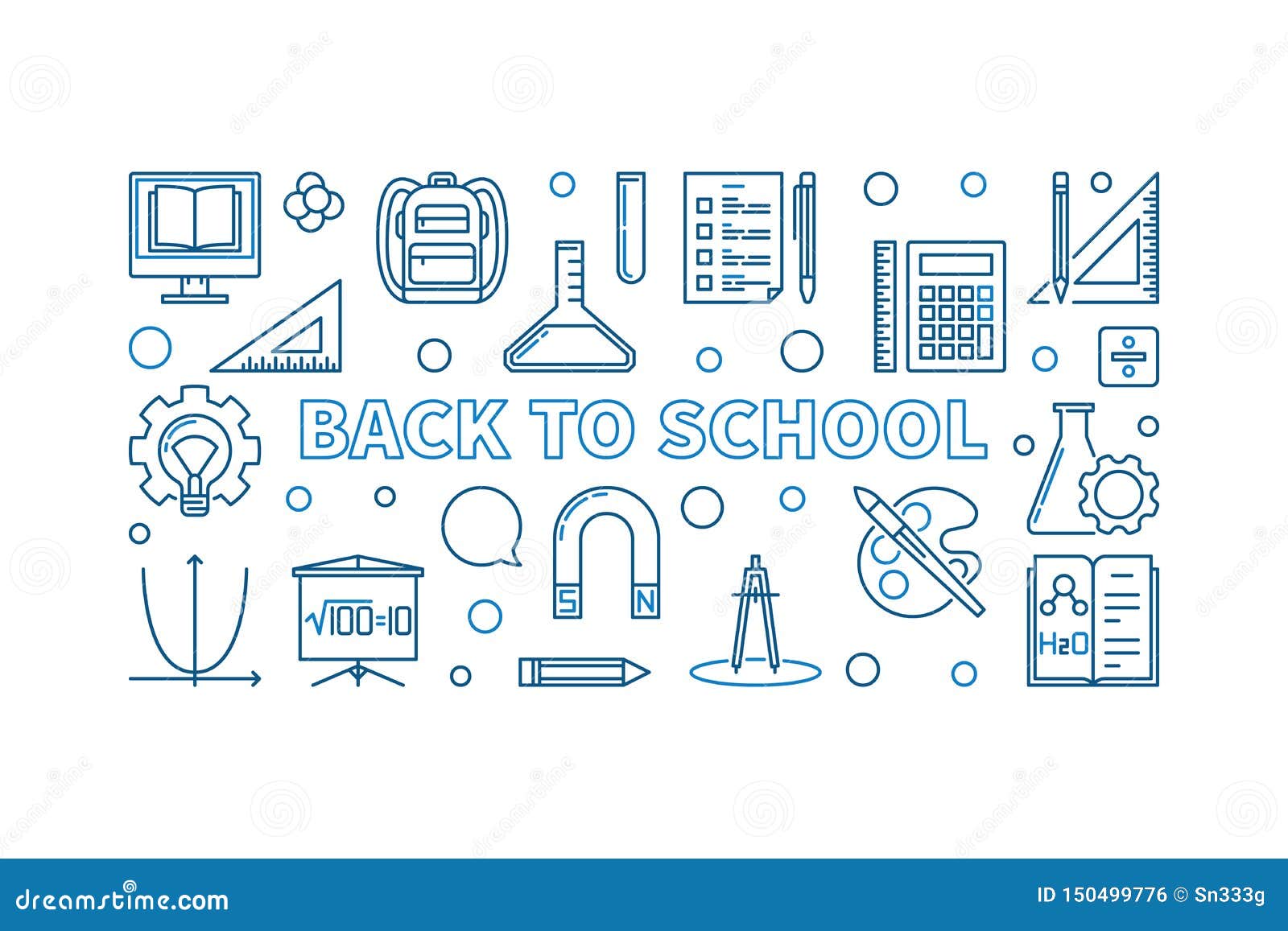 Back To School Vector Blue Outline Horizontal Illustration Stock Vector ...