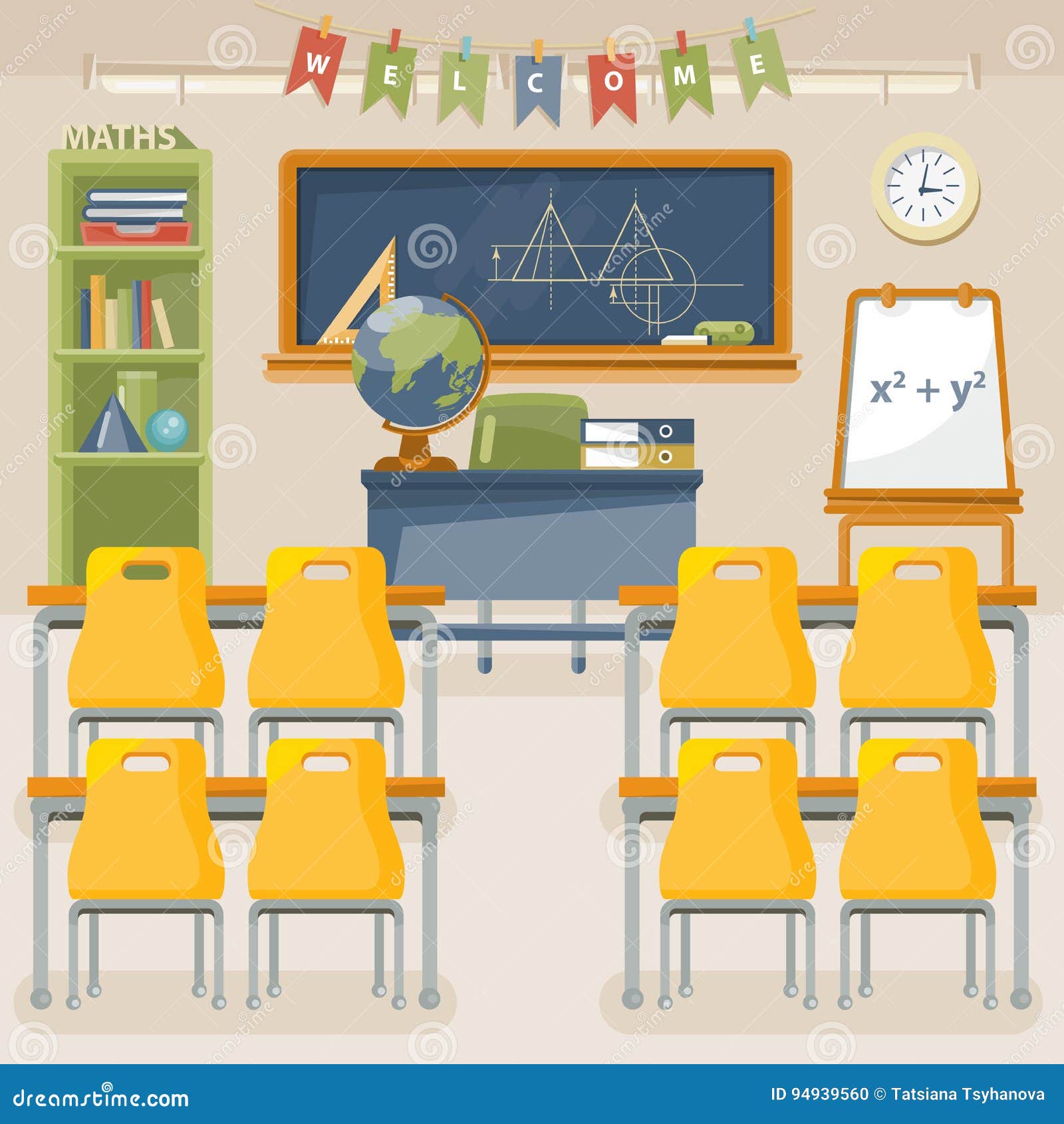 Back To School Vector Illustration. Classroom with Desk, Chalkboard and ...