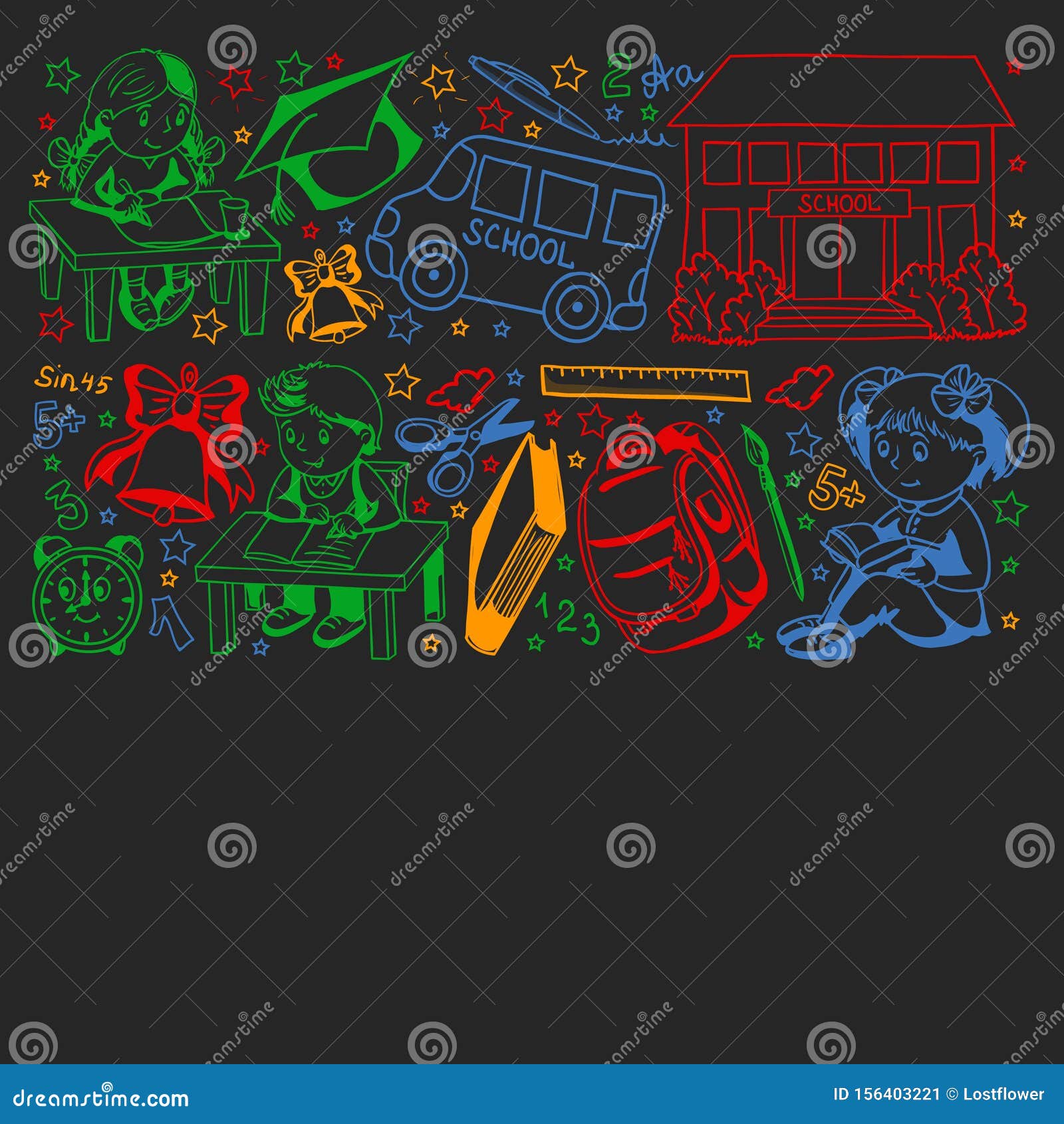 Back To School. Vector Pattern with Icons and Children. Stock Vector ...