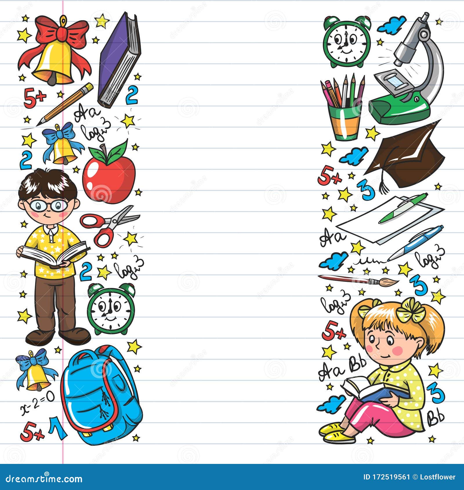 Back To School. Vector Pattern with Icons and Children. Stock Vector ...