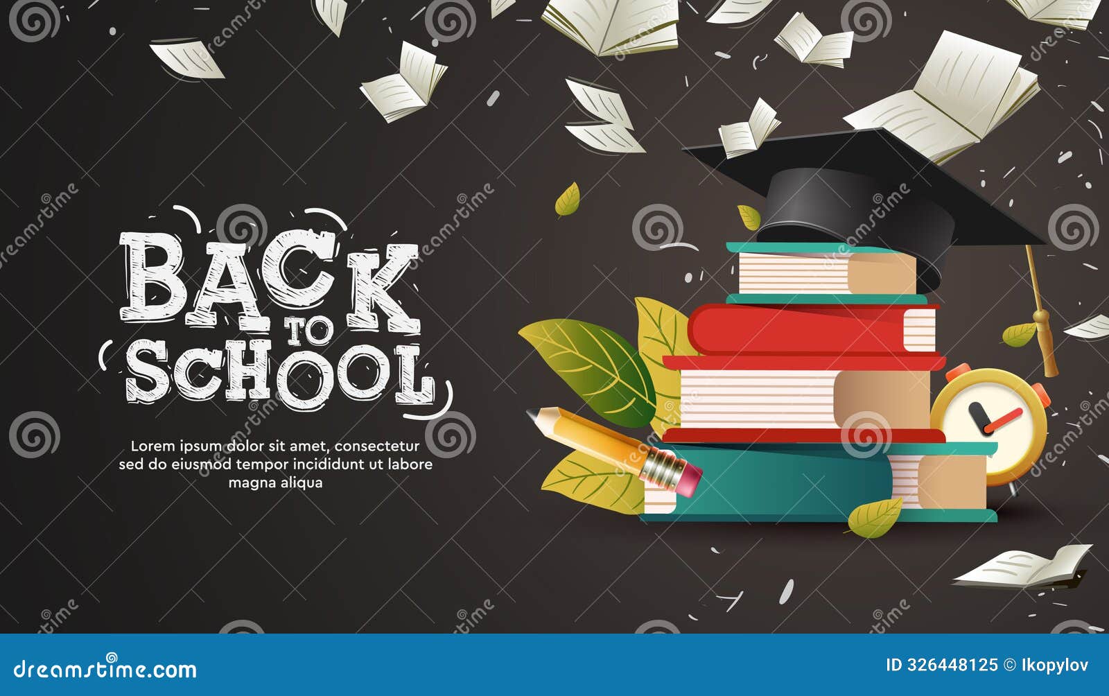 Back To School Web Banner With Stack Of Books, Alarm Clock, Graduation ...
