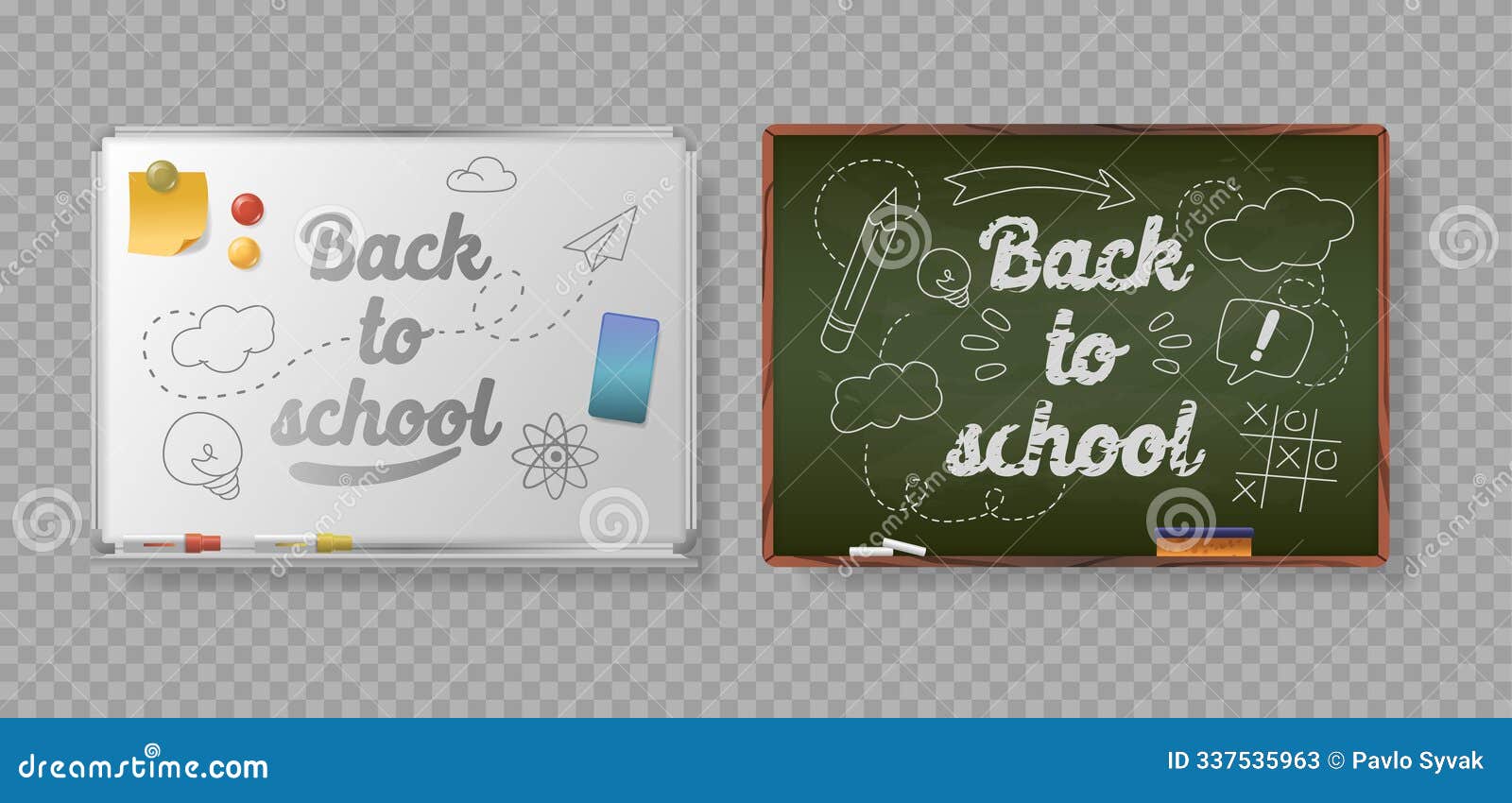 Back To School Written on a Chalkboard and Whiteboard Featuring Various Teaching Elements Such ...