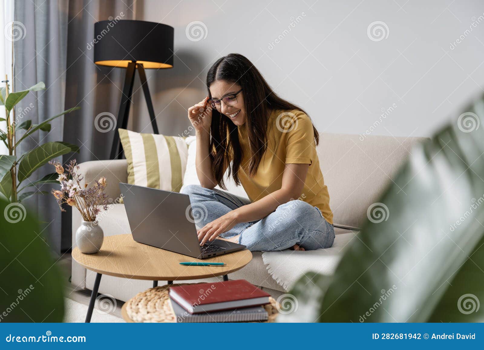 Back To Study. Happy Student Doing Her Work at Home on Laptop in a Cosy ...