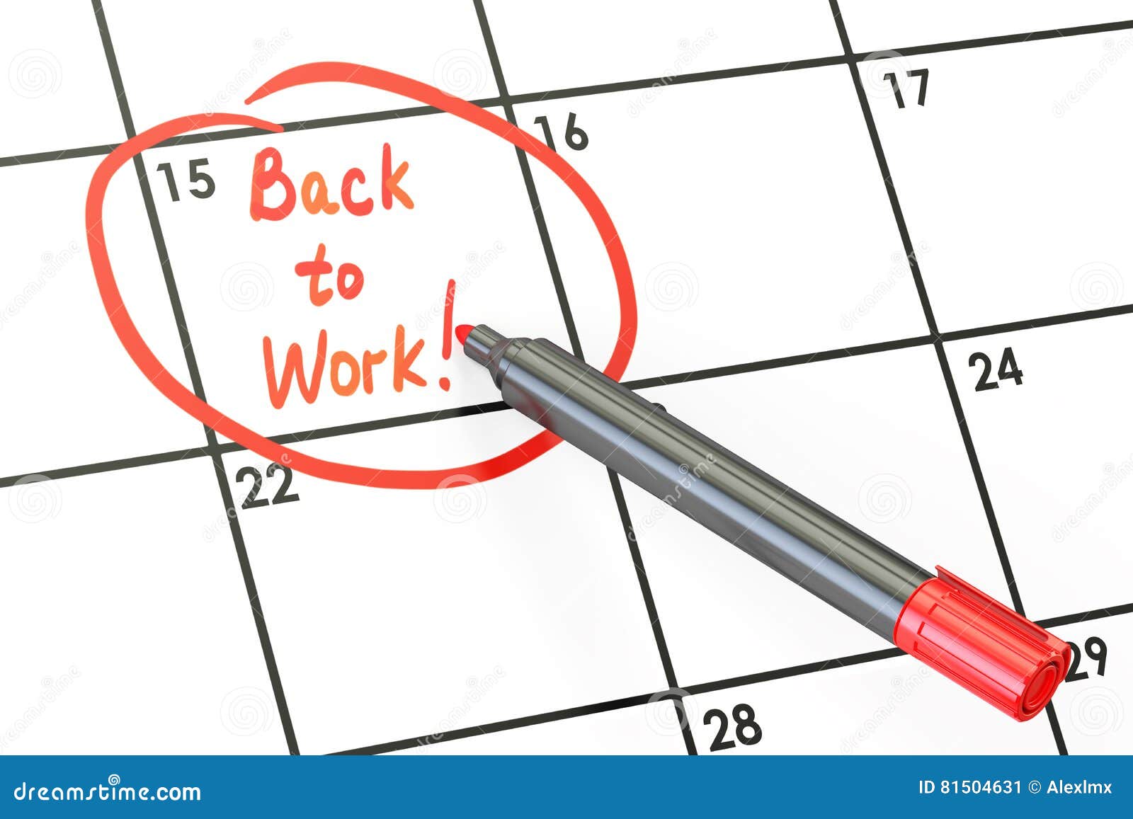 Back To Work Date on Calendar Concept, 3D Rendering Stock Illustration ...