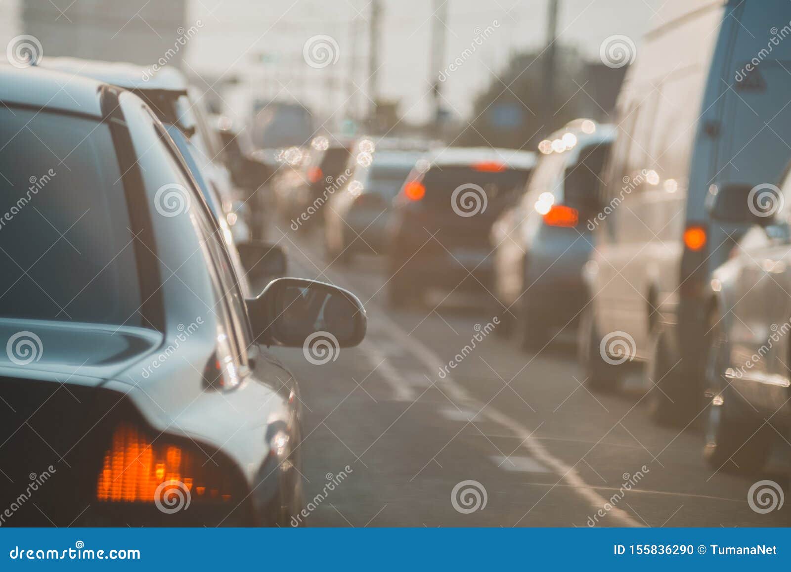 The Back of an Unknown Car at Sunset on Road in Heavy Traffic. Stock ...
