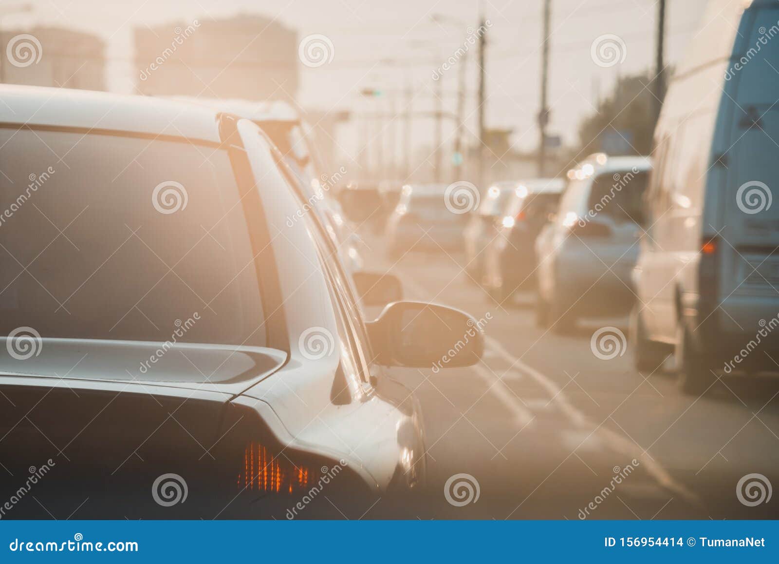 The Back of an Unknown Car at Sunset on Road in Heavy Traffic. Stock ...
