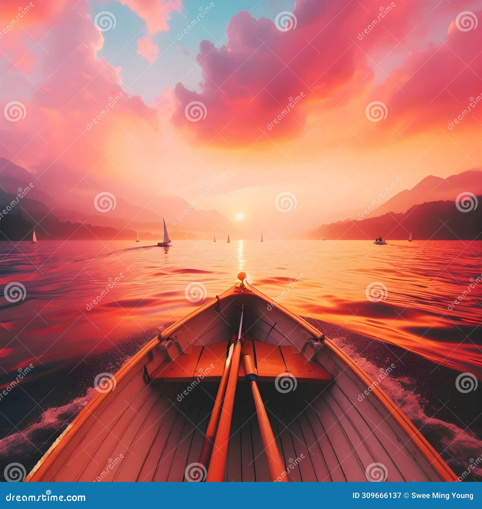 Back View Action Images of a Small Boat on a River Sailing into the ...