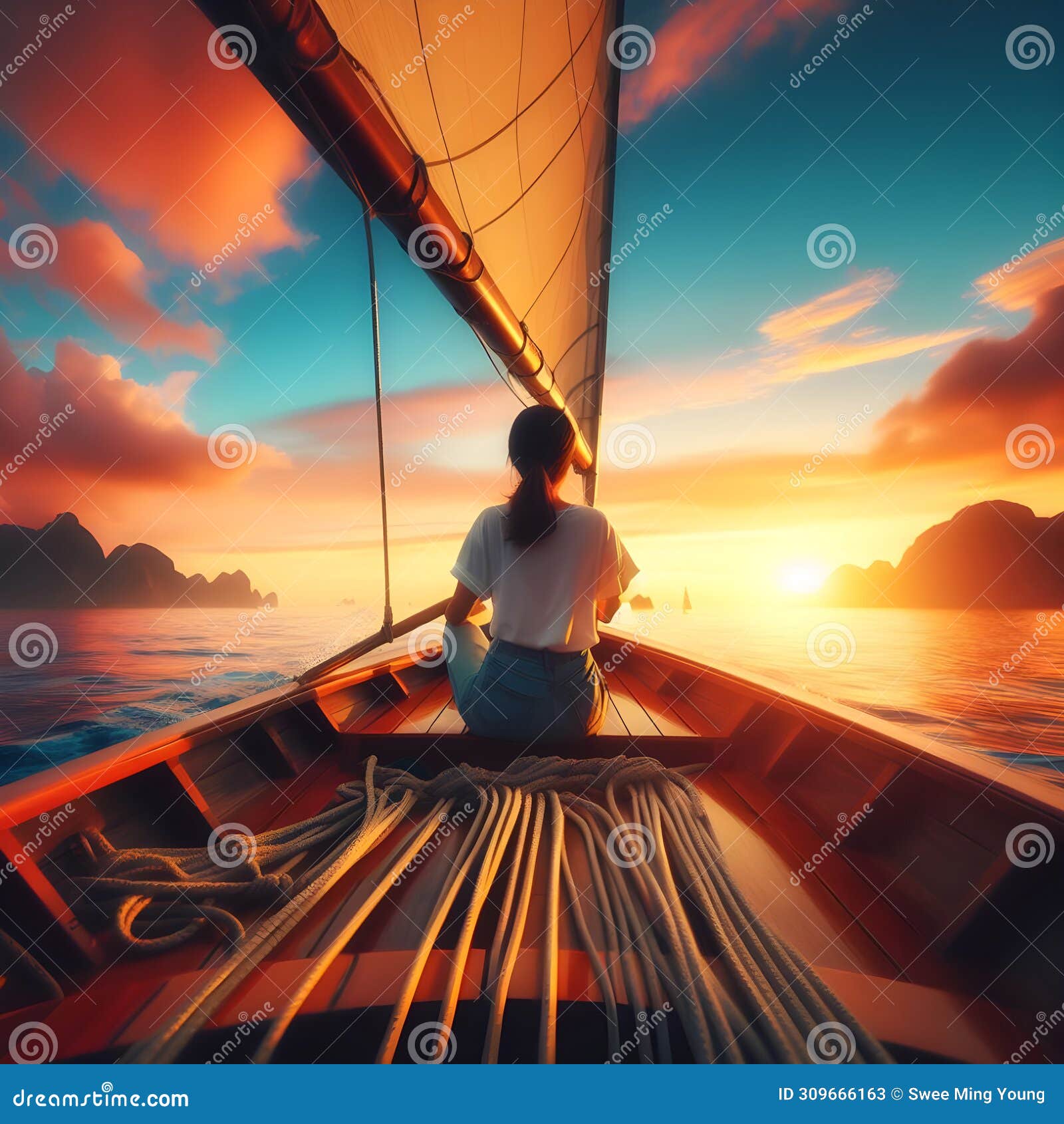 Back View Action Images of a Small Boat on a River Sailing into the ...