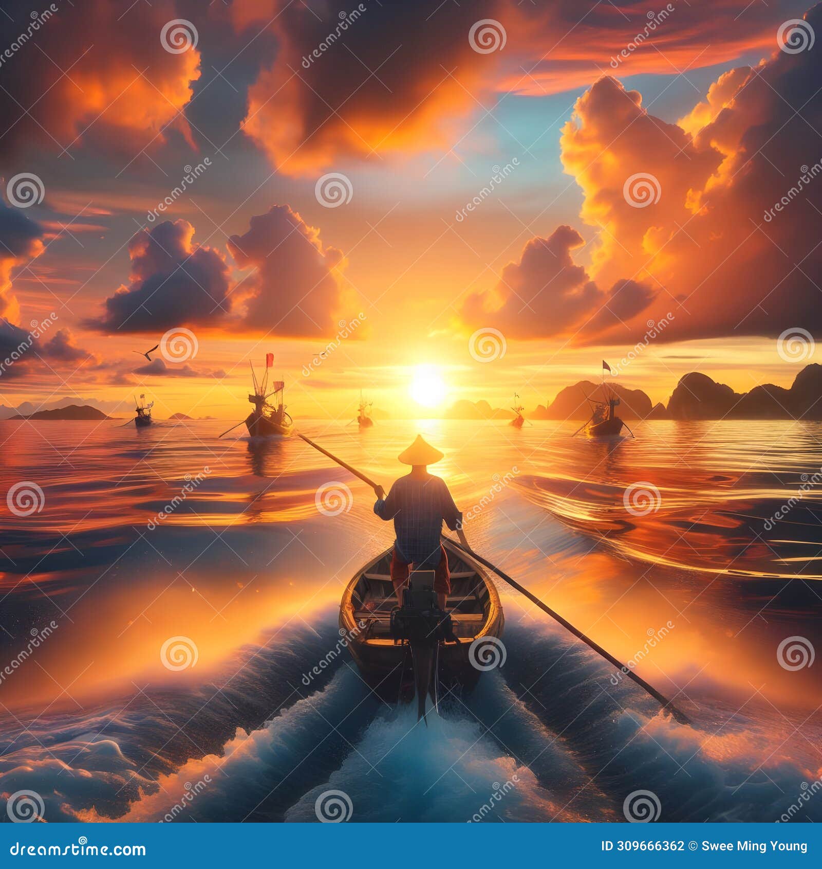 Back View Action Images of a Small Boat on a River Sailing into the ...